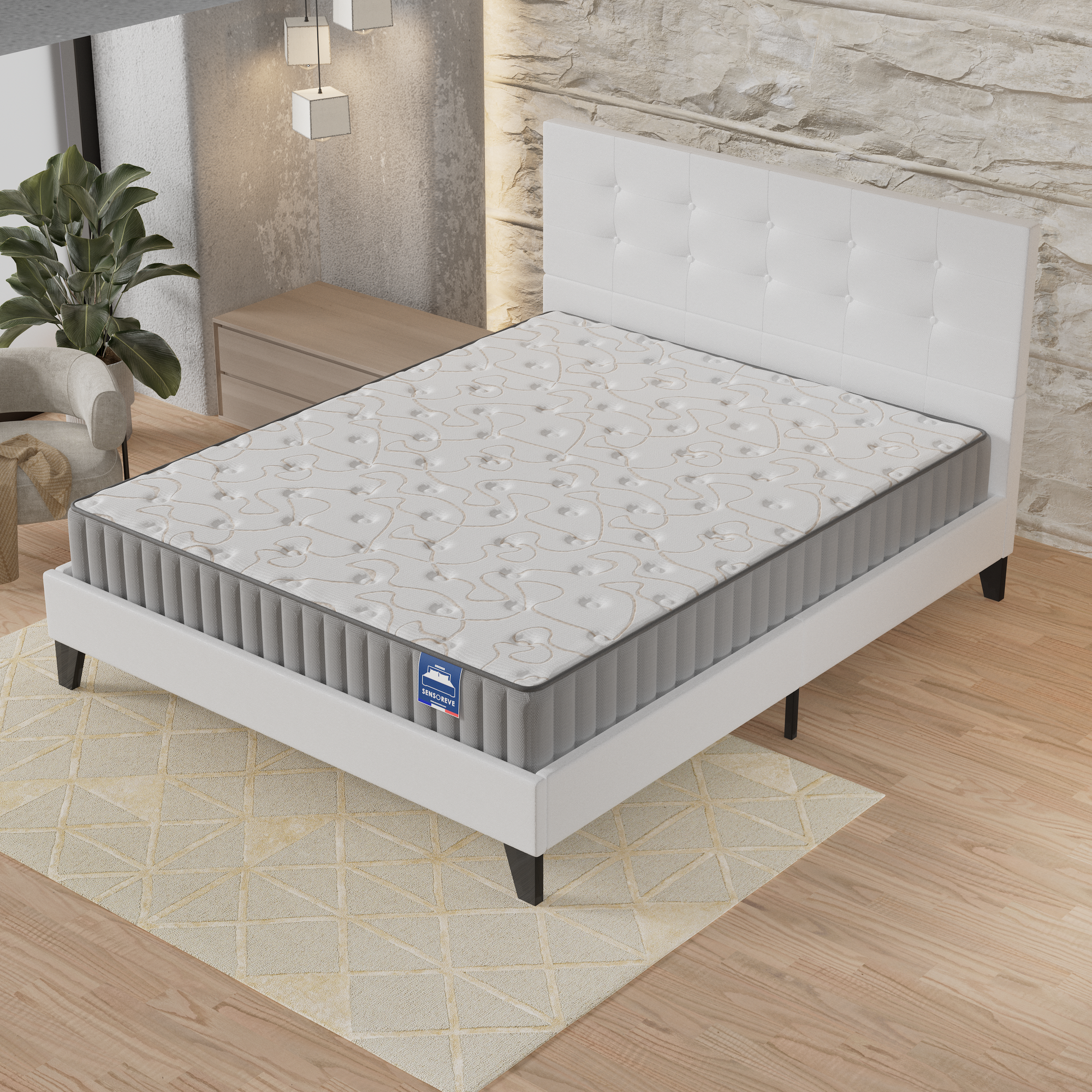 Ensemble 160x200cm-Matelas mémoire de forme + Lit avec tête de lit et ...