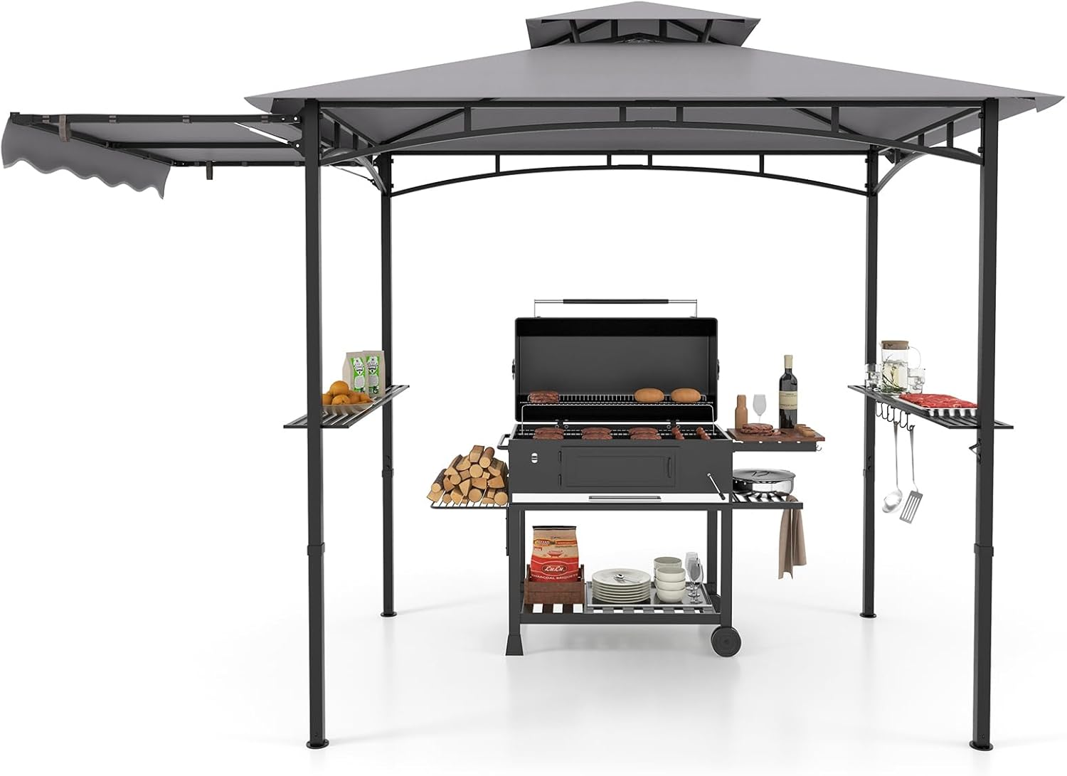 Tonnelle de Barbecue 318 x 153 cm avec Auvent Latéral, Abri Barbecue ...