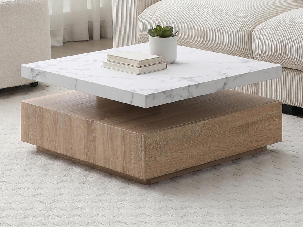 Table basse pivotante avec 1 tiroir en MDF - Effet marbre blanc et ...