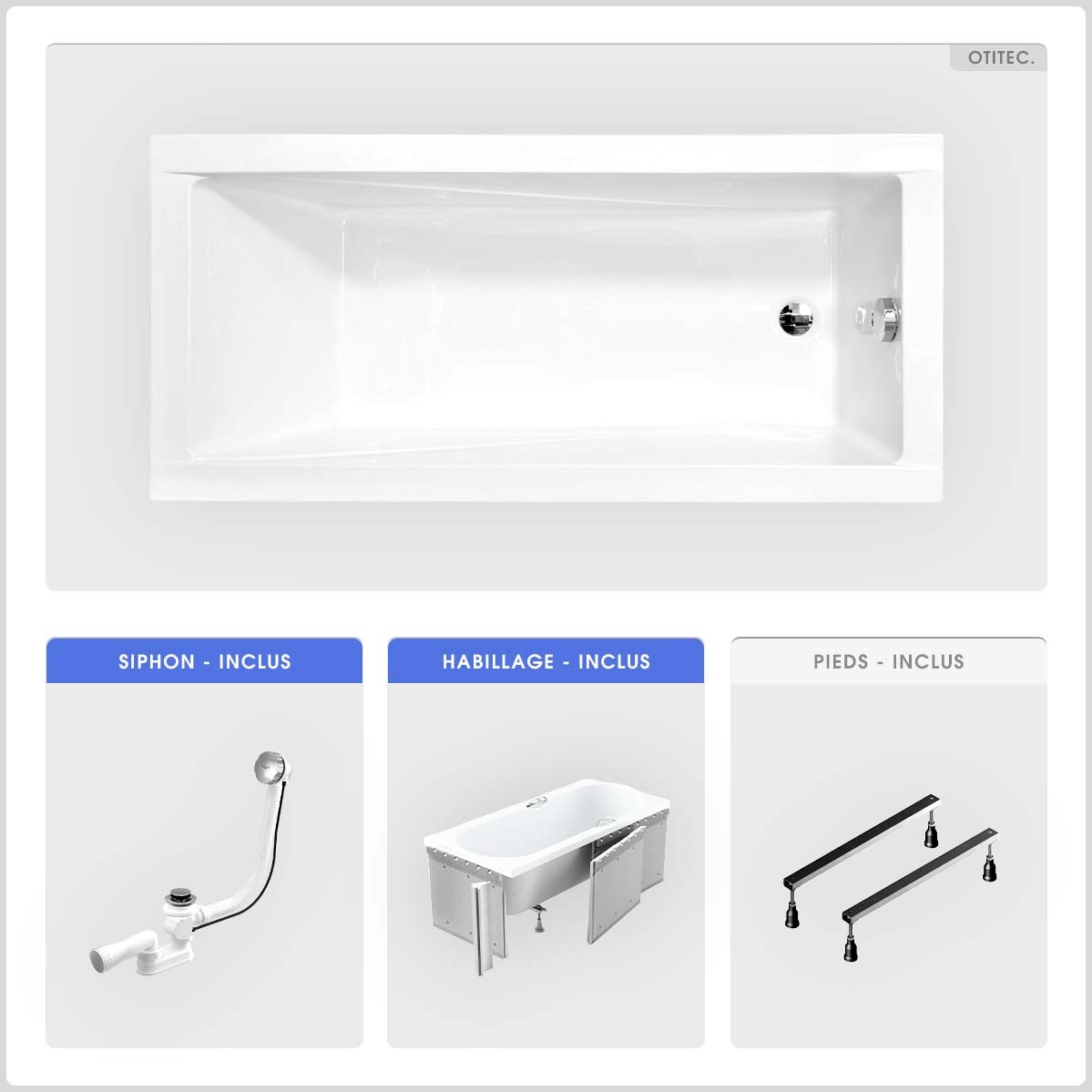 Baignoire rectangulaire - 120 x 70 cm - avec Habillage - Pieds - Vidage ...