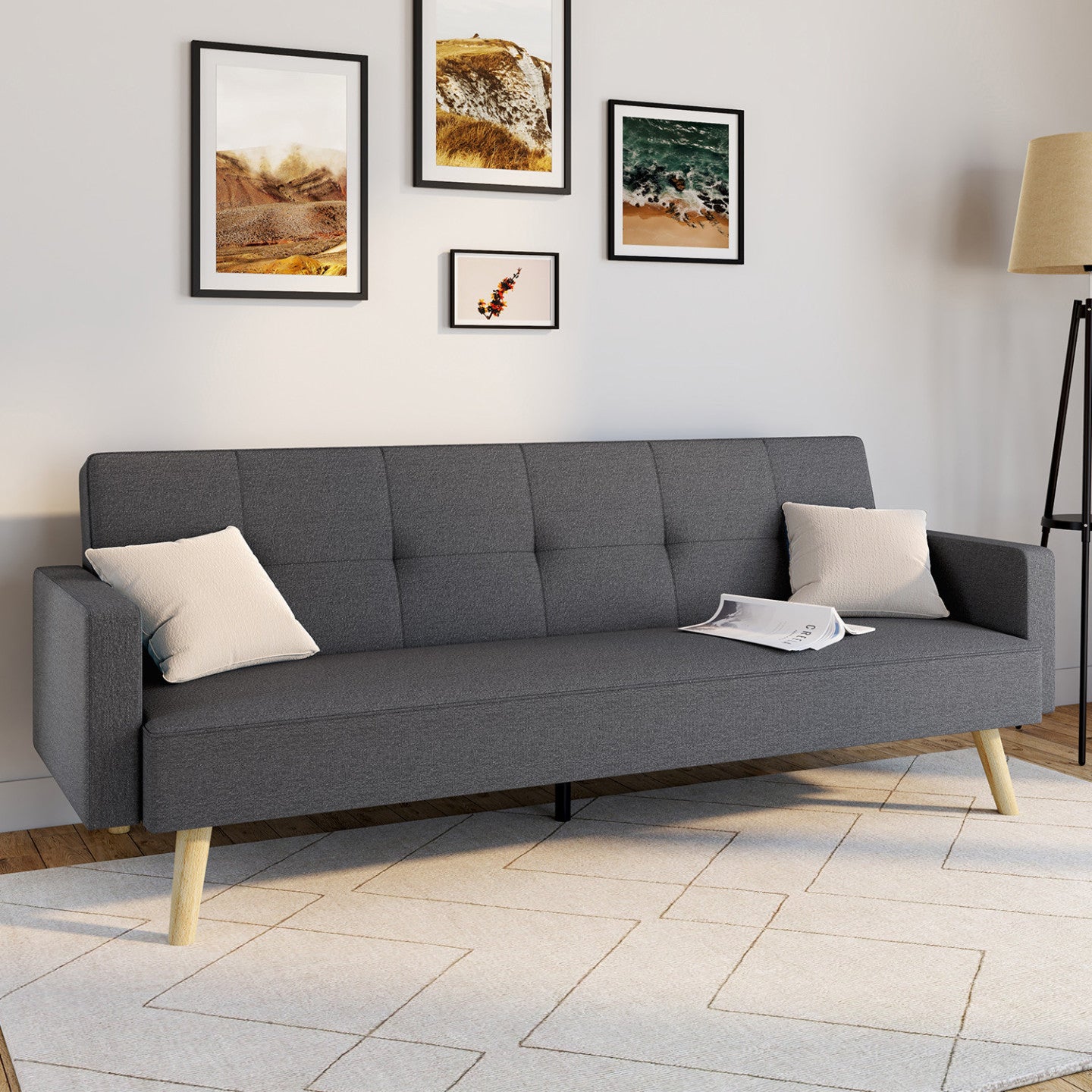 Canapé droit scandinave 3 places convertible LARS en tissu gris | Leroy ...