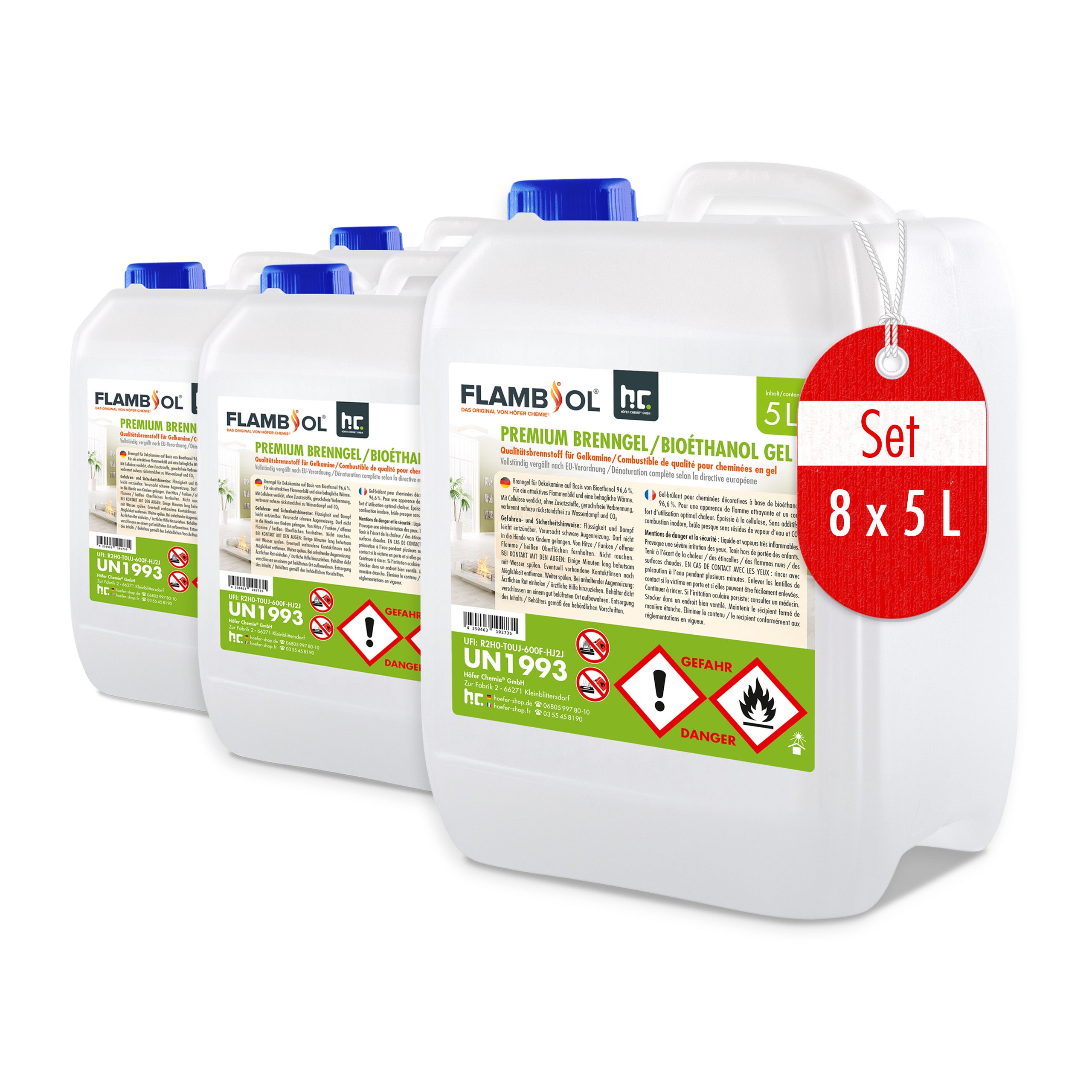 8 x Bioéthanol premium en gel FLAMBIOL® en bidon de 5 L | Leroy Merlin