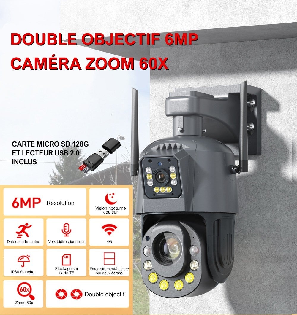 Caméra Surveillance Extérieure Double Objectif IP HD Sécurité 6MP 4G ...