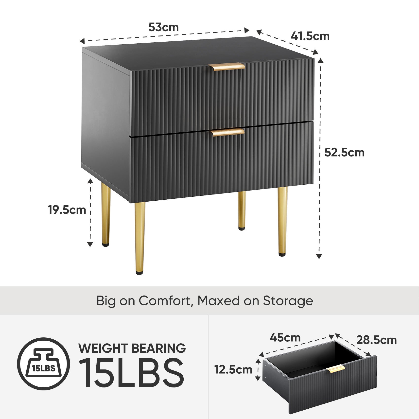 Table chevet noire 2 tiroirs motif ondulé pieds métal 1 pièce | Leroy ...