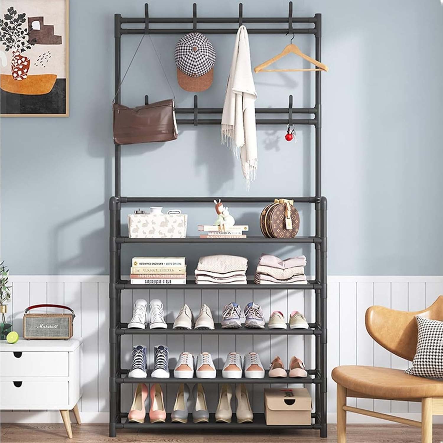 Porte-manteau 5 niveaux blanc avec étagère à chaussures, design élégant ...
