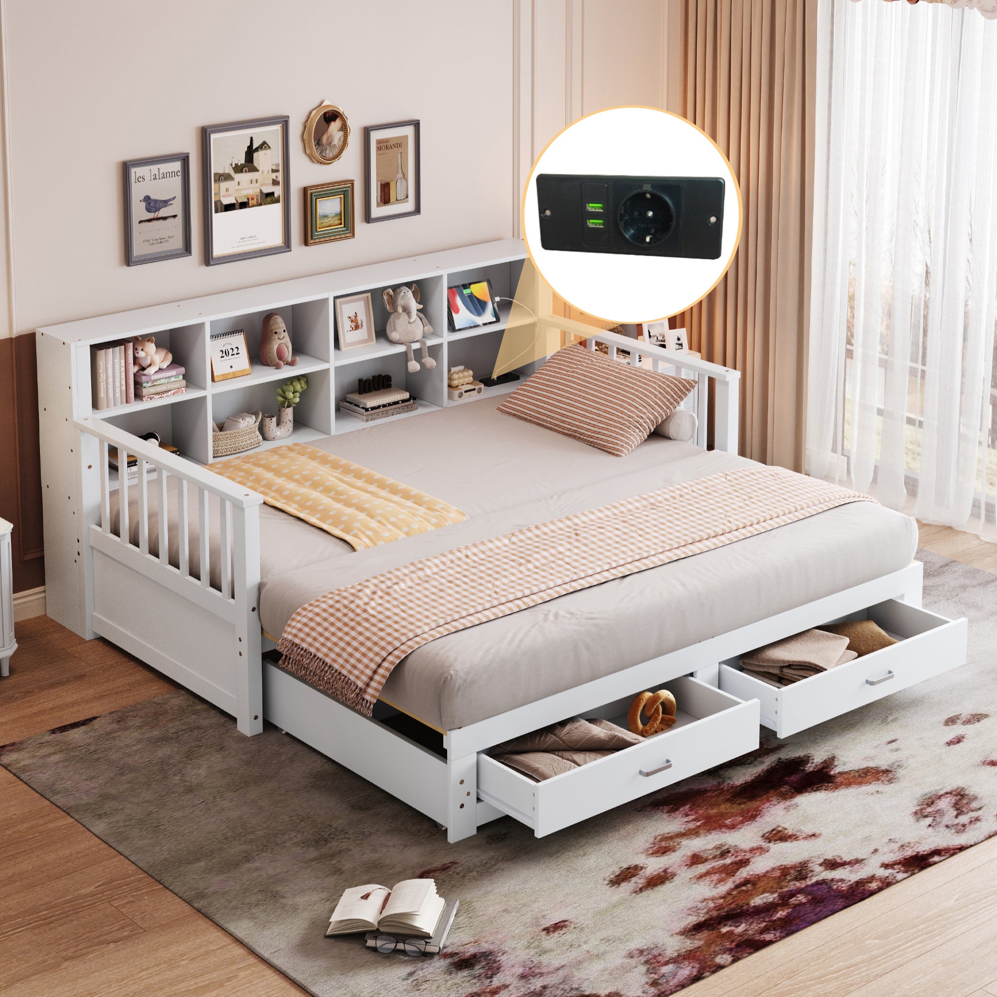 Lit gigogne 90/180 x 190 cm avec 2 tiroirs et compartiments, canapé-lit - pin + contreplaqué ...