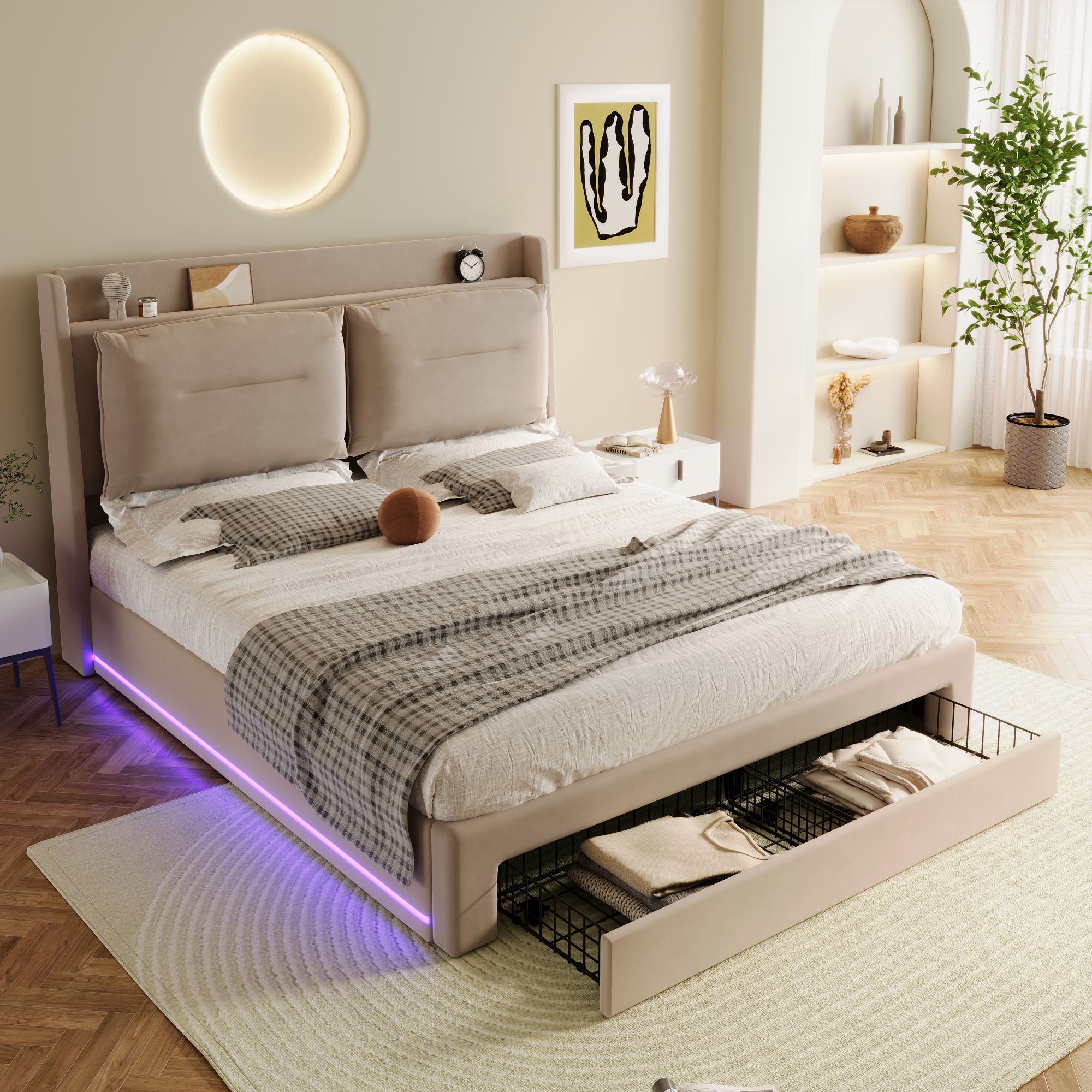 Lit rembourré Lit double Lit led 160 x 200 cm avec tiroirs, bandes ...