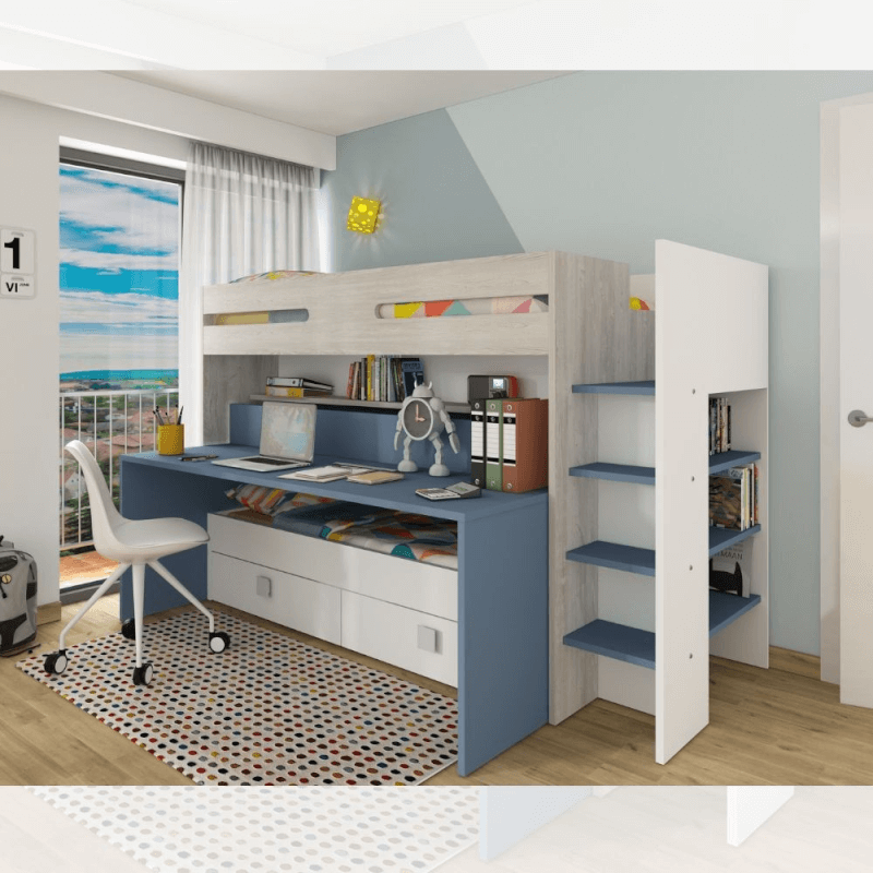 Lit superposé 6070 blanc bleu clair avec bureau extractible | Leroy Merlin