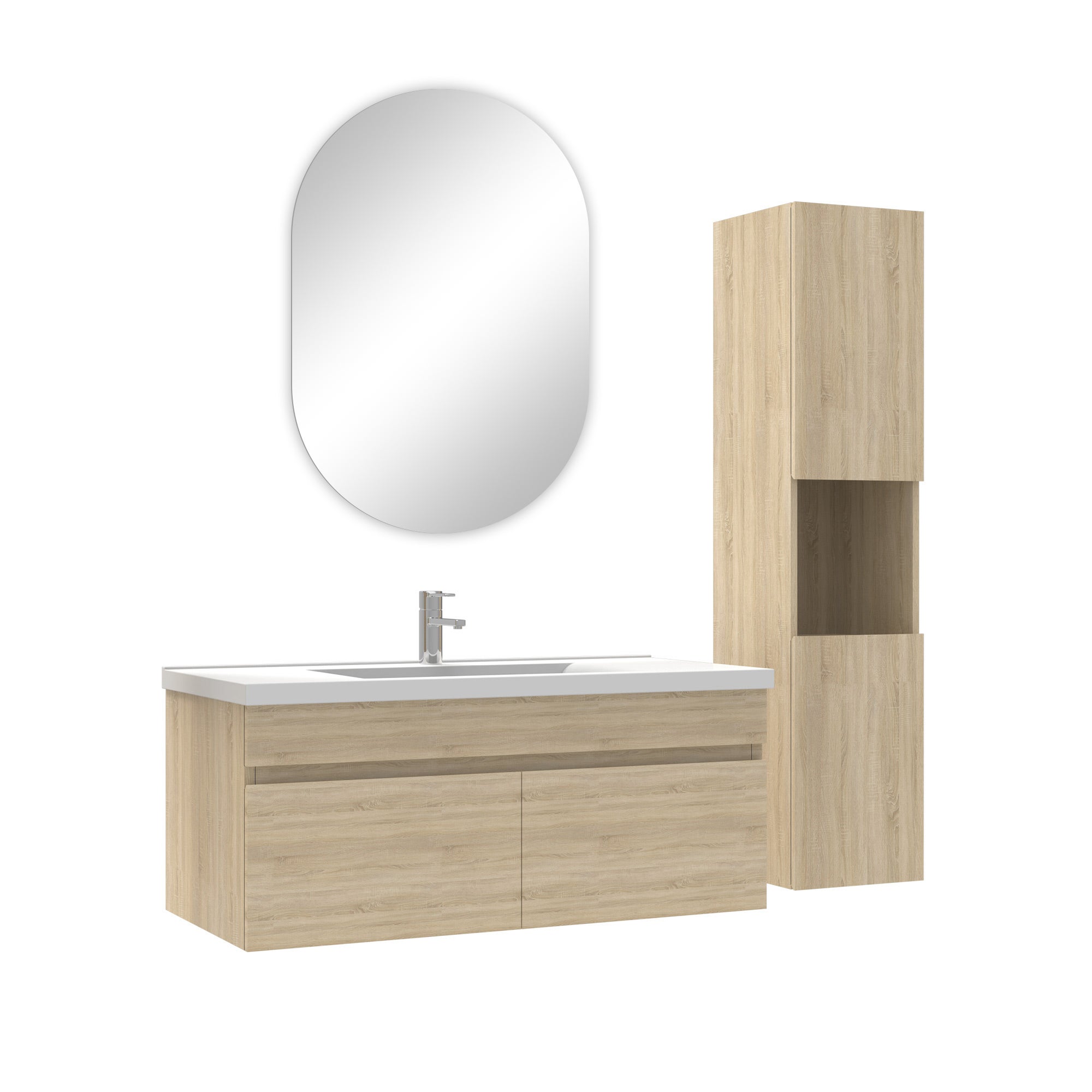 Ensemble Salle de Bain avec colonne et miroir ovale 100cm meuble Chêne Wotan, Ocean | Leroy Merlin