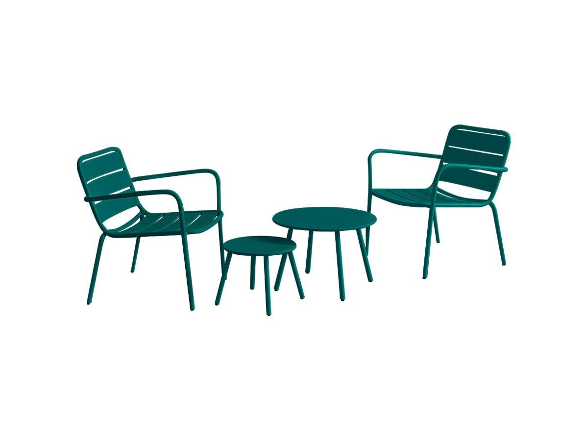 Salon de jardin en métal - 2 fauteuils bas empilables et tables gigognes - Bleu canard ...