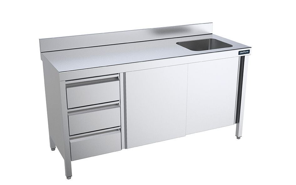 Table de chef Inox avec portes coulissantes, tiroirs et bac à droite ...