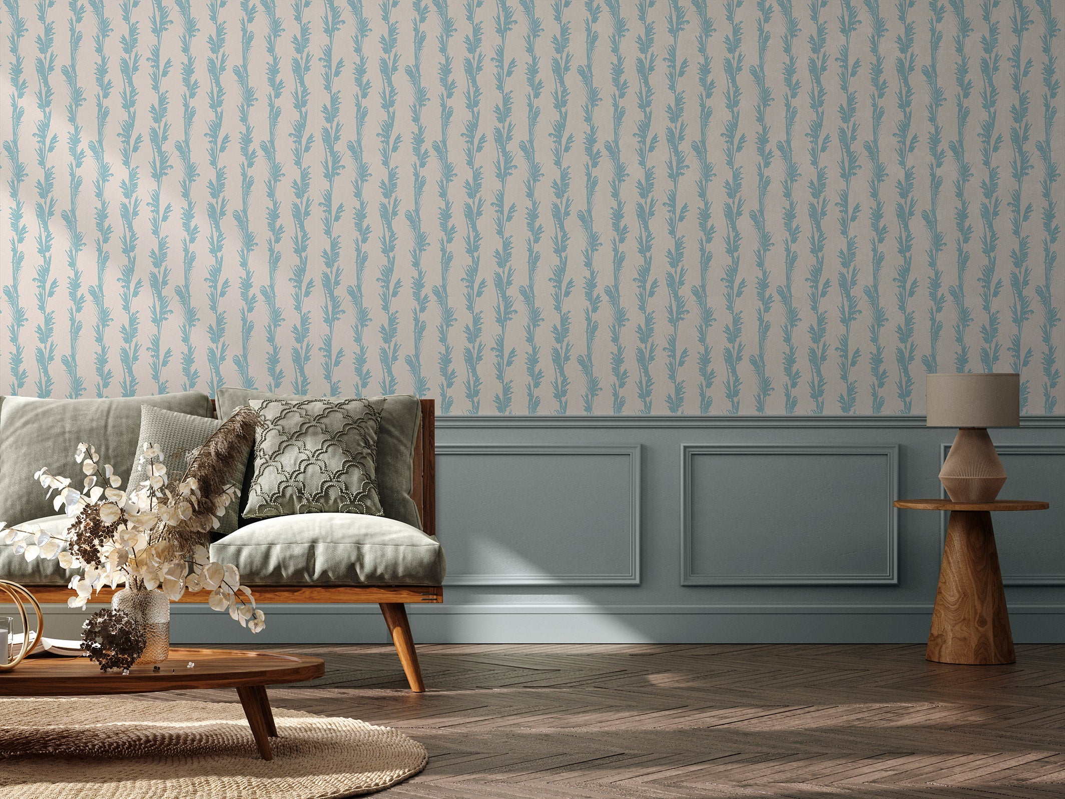 Papier peint végétal - Yvette - Sable chaud & Bleu fumé | Leroy Merlin