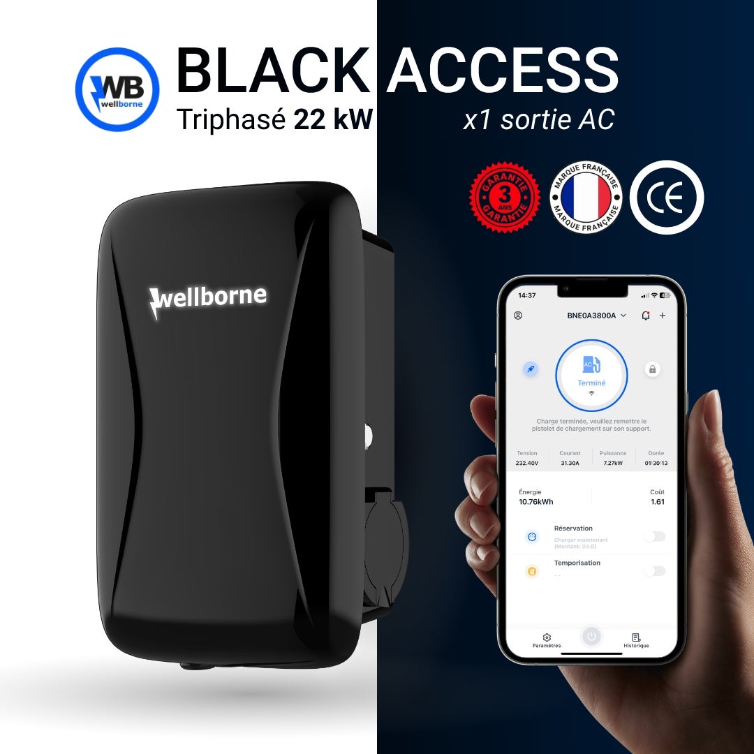 WELLBORNE - Borne de recharge 22kW - modèle Black Access - Wi-Fi - Garantie 3ans | Leroy Merlin