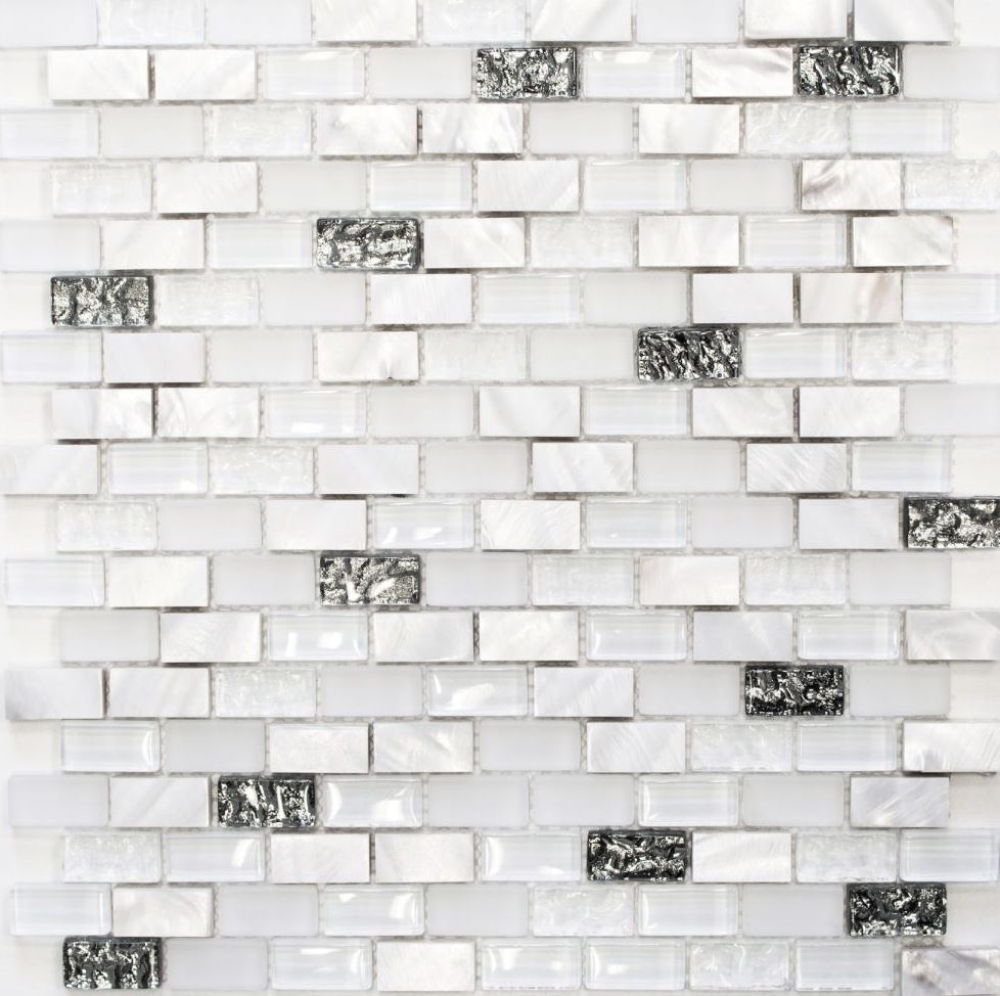 Mosaïque brick bond look MIX translucide stone shell mix white gloss ...