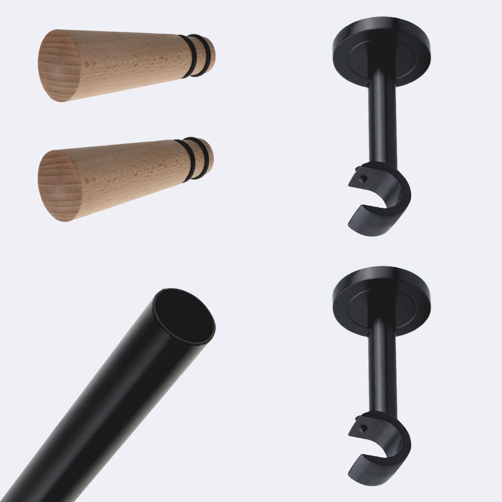 Kit de tringle à rideaux Noir Mat 150cm Diam.20mm Embout Cône Bois ...