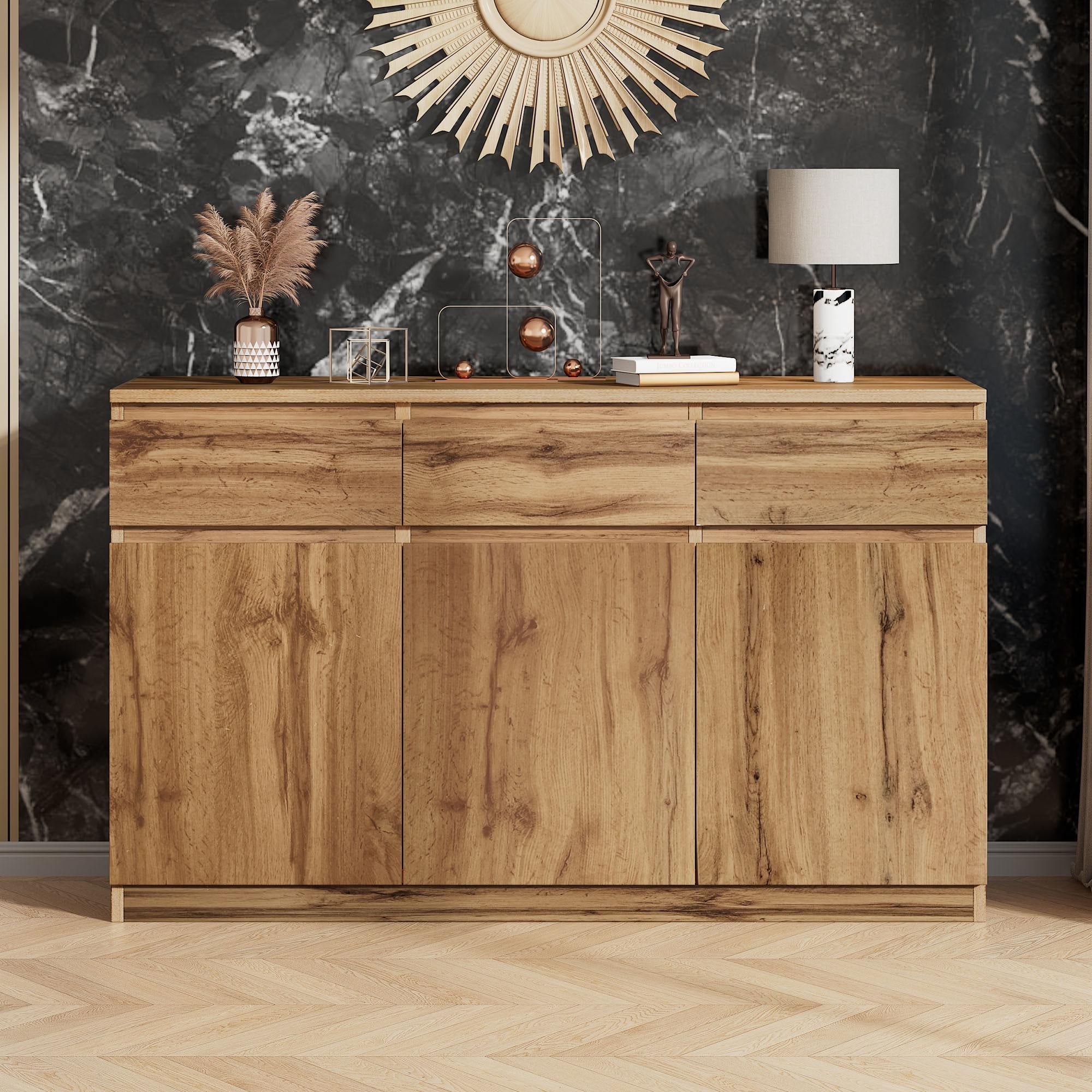 Buffet multifonction 135x40x81 cm - 3 portes, 3 tiroirs - Bois naturel ...