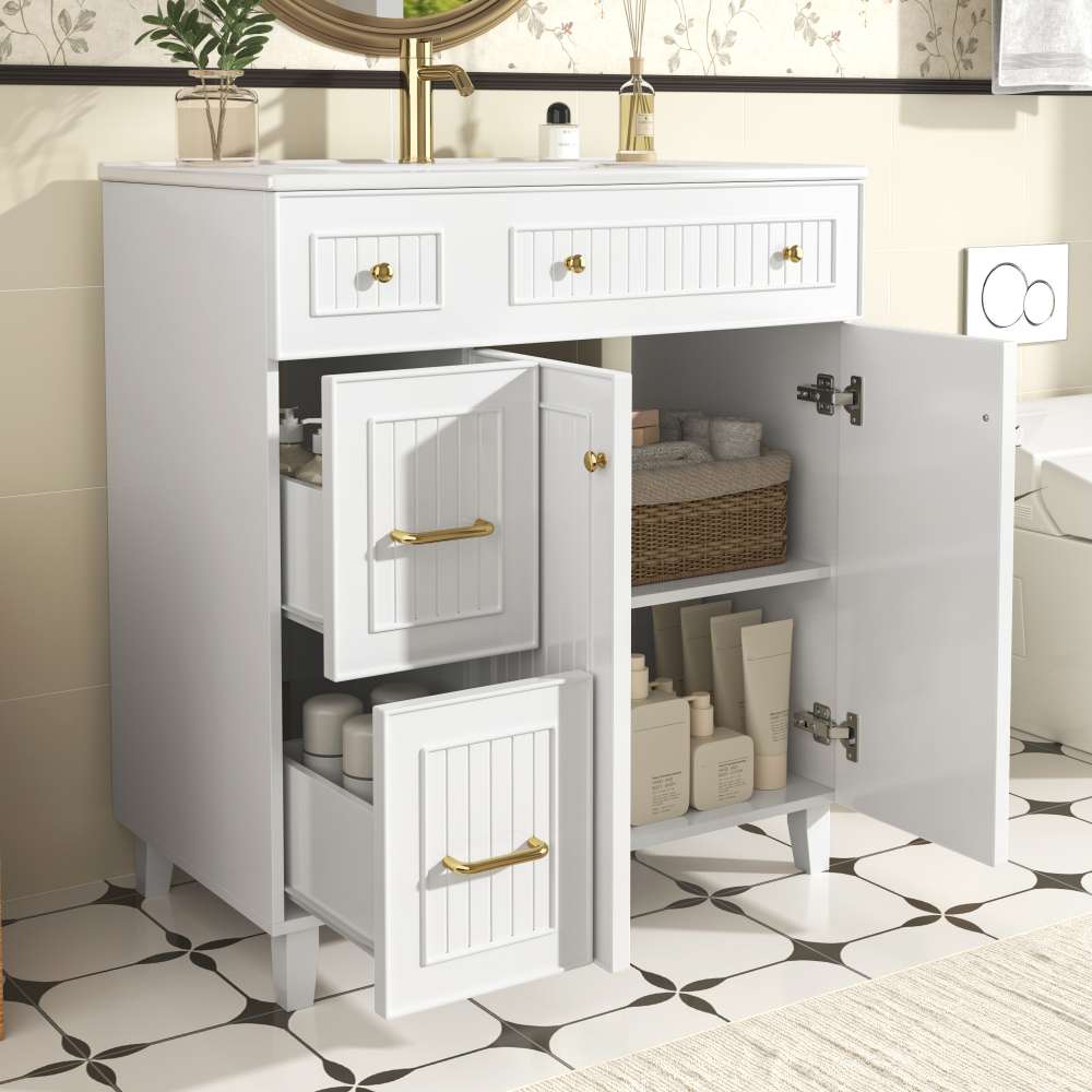 Meuble sous-vasque 81,7 cm lavabo céramique MDF laqué pieds bois massif ...