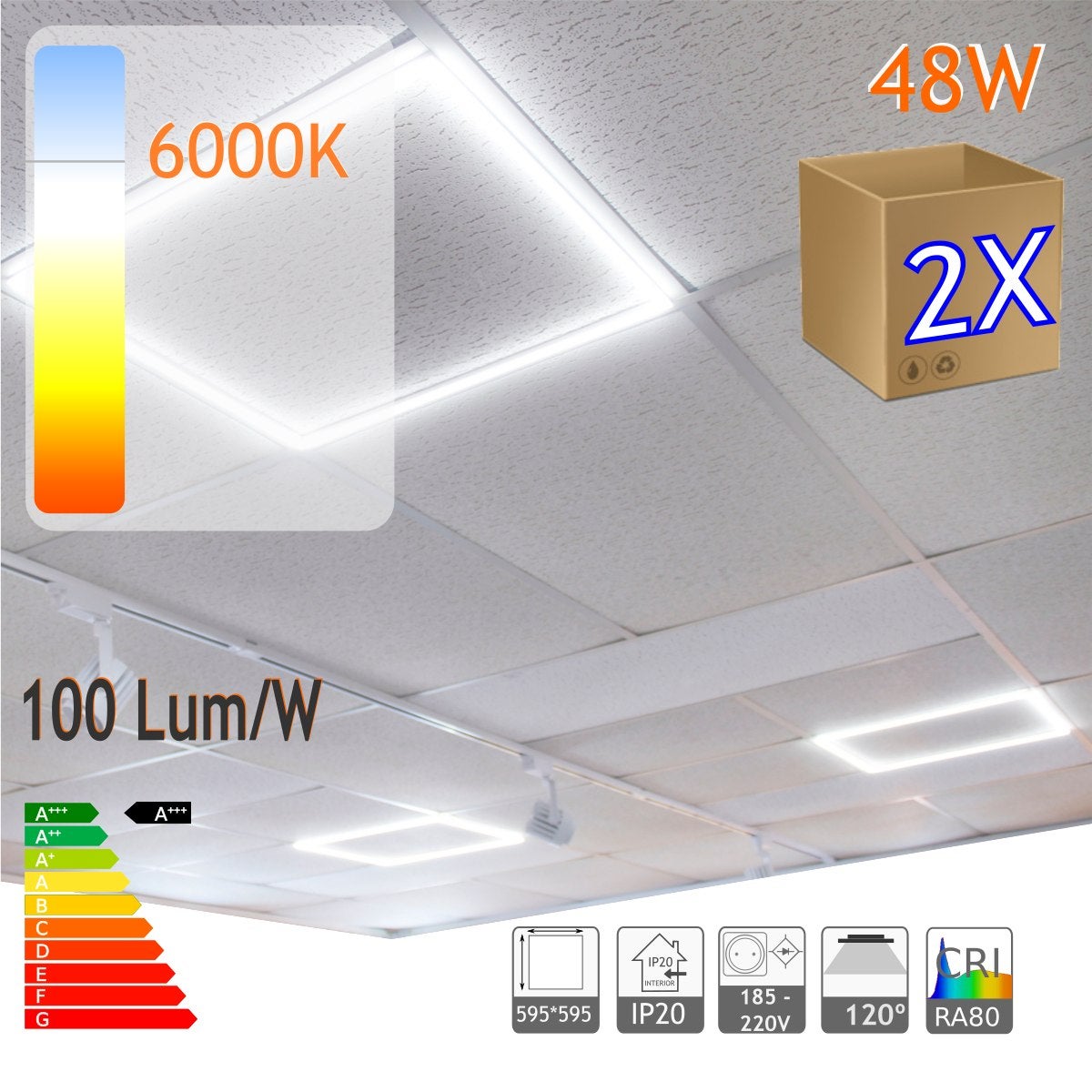 Pack 2x Marco Luminoso Panel Led Cuadrado 60x60cm 48W 4800 Lumenes, Luz ...