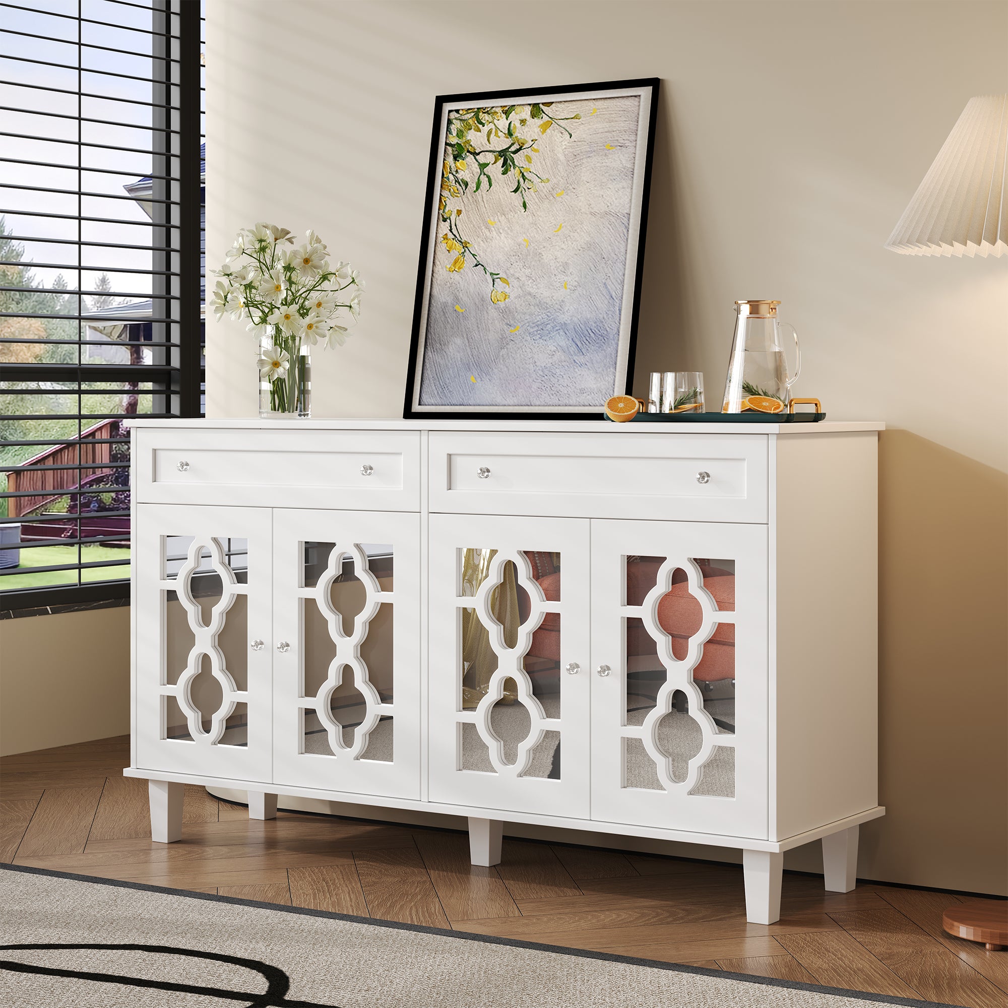 Buffet 140x40x83 cm, avec 4 portes miroir, 2 tiroirs et étagère ...