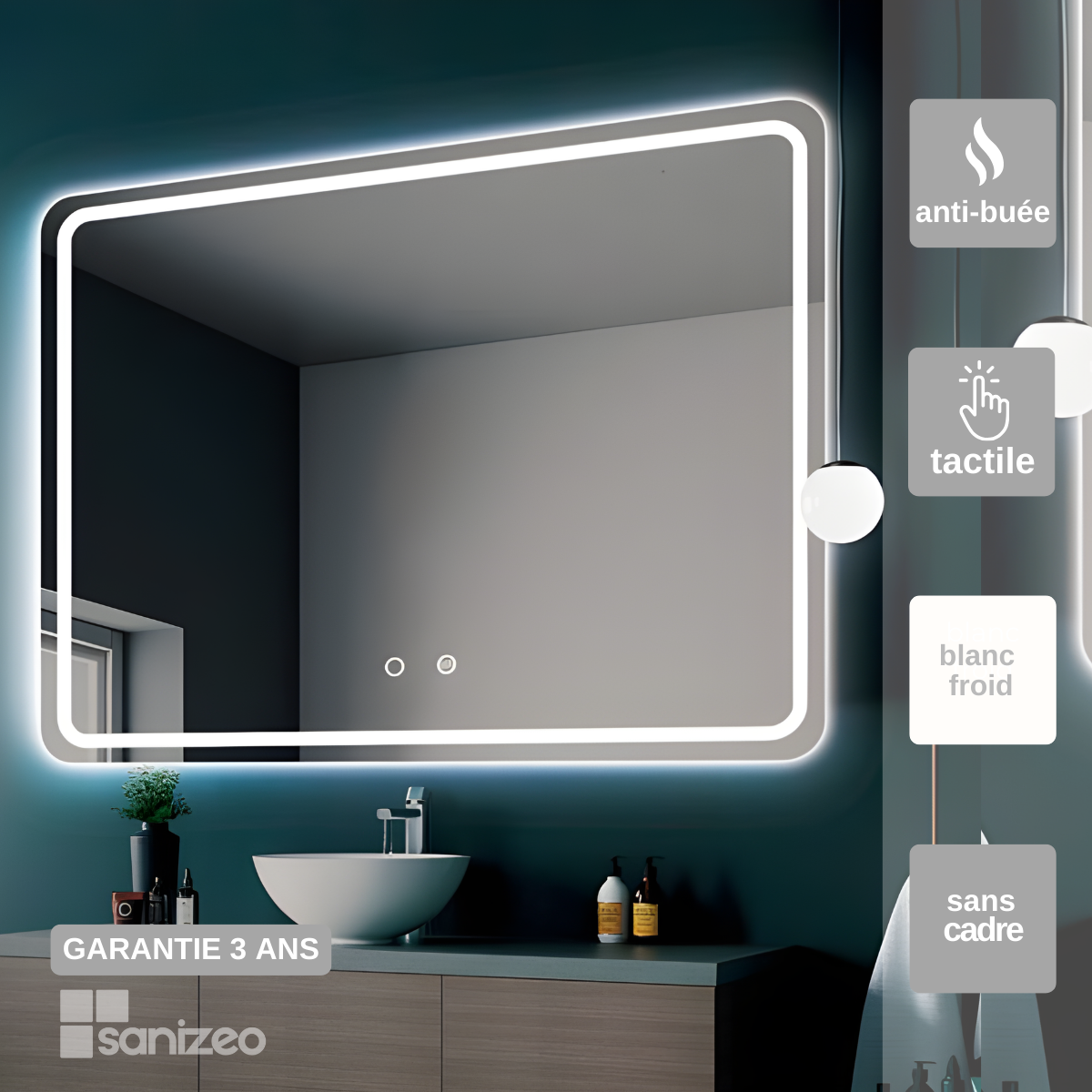 Miroir Salle de Bains Lumineux Éclairage Intégré Led Frontal L60 x ...