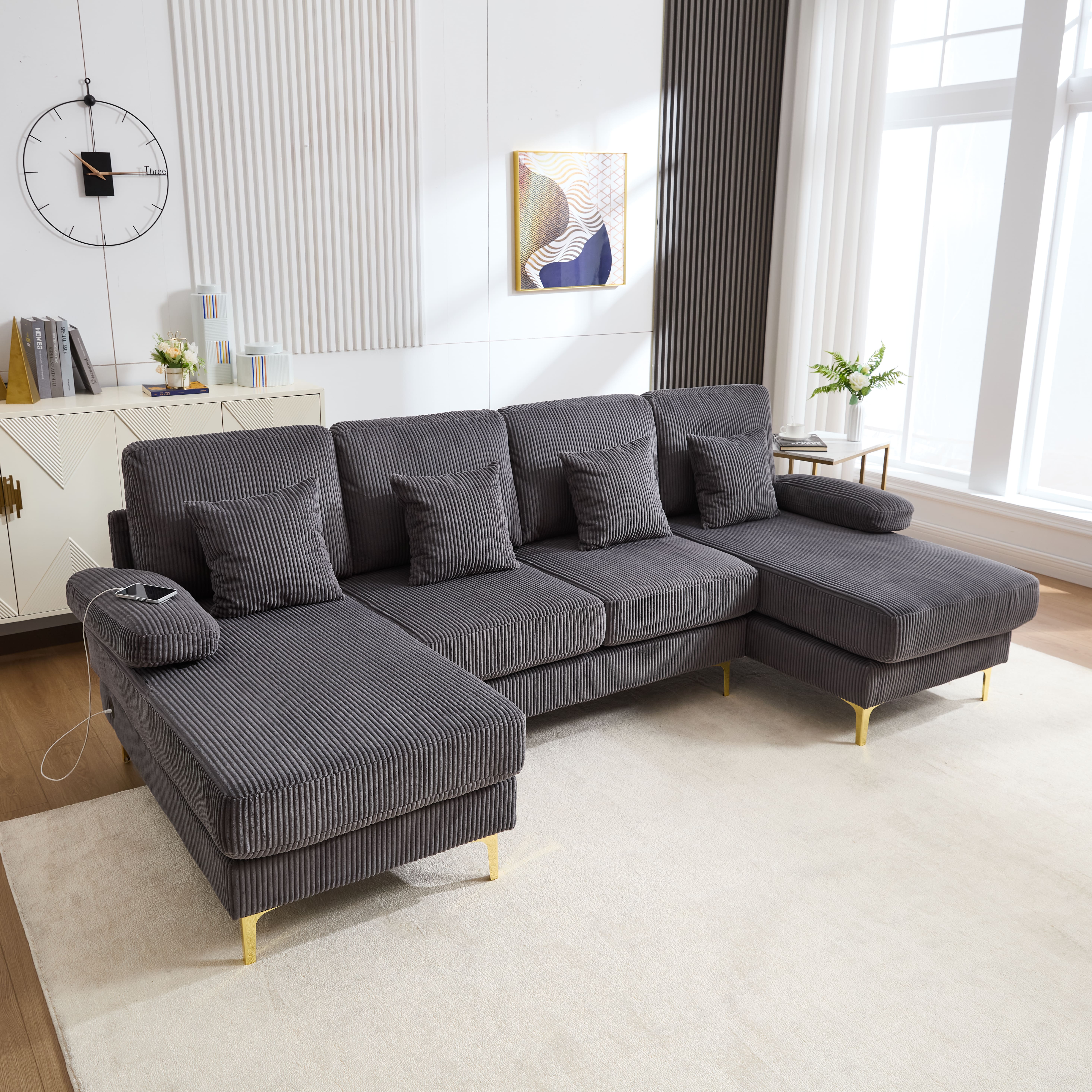 Canapé U moderne - 4 coussins luxueux, cadre en bois massif, éclairage ...