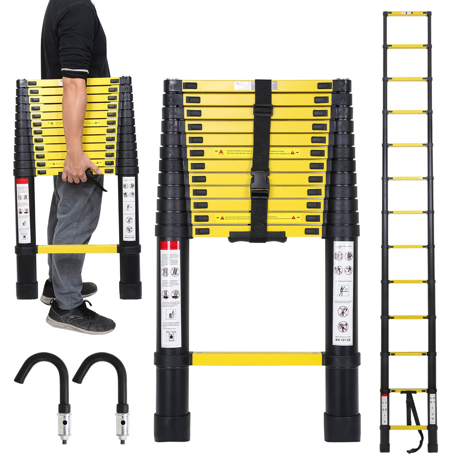 Escalera telescópica 3,8 m negra + gancho de escalera de aluminio ...