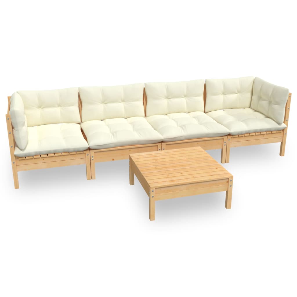 Muebles de jardín de 5 piezas con cojines color crema en madera maciza ...