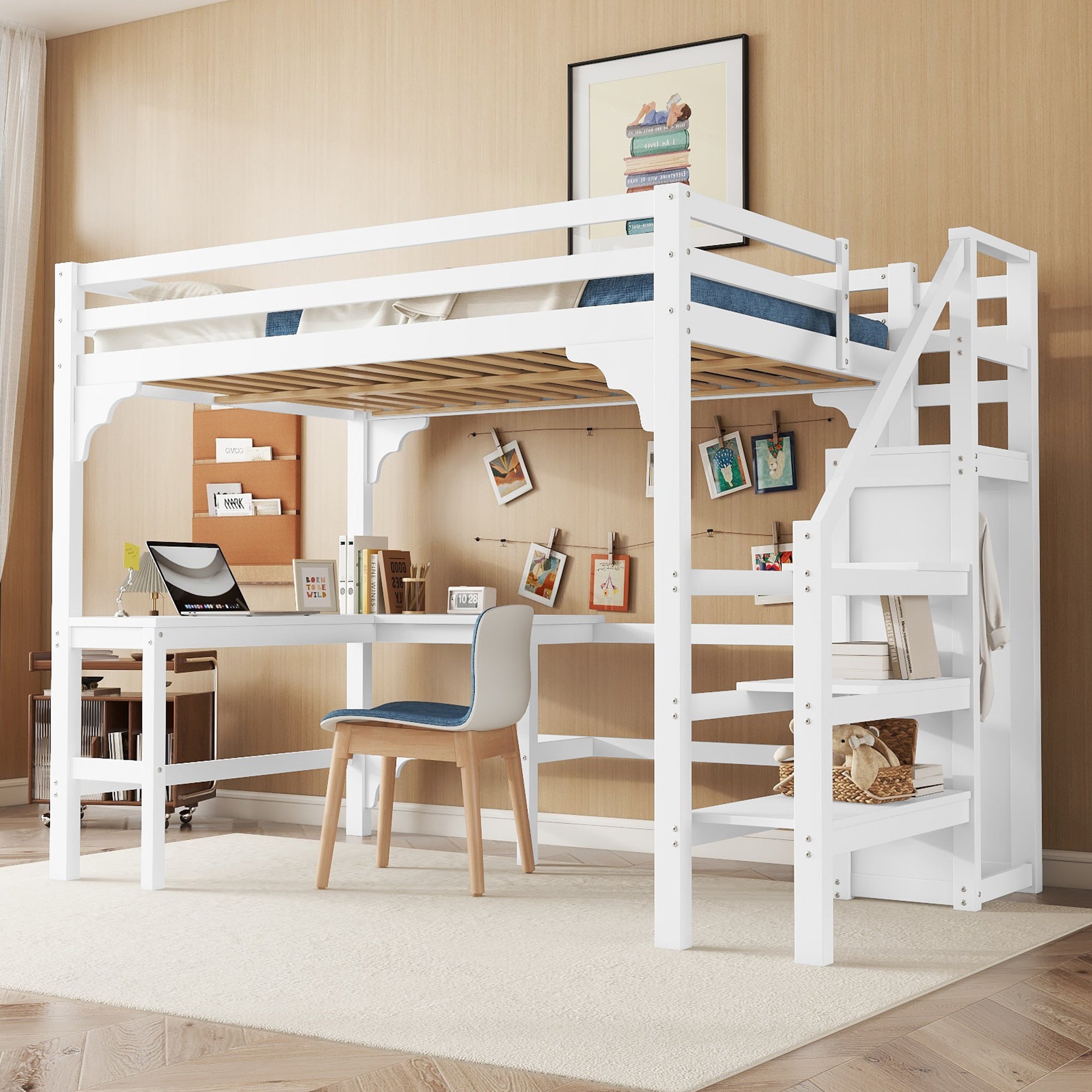 Letto soppalco in legno 140x200cm - con scrivania, armadio e rete a ...