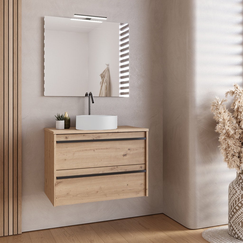 MUEBLE DE BAÑO SUSPENDIDO EMONT 80 CM. 2 CAJONES ROBLE GOLD CON LAVABO ...