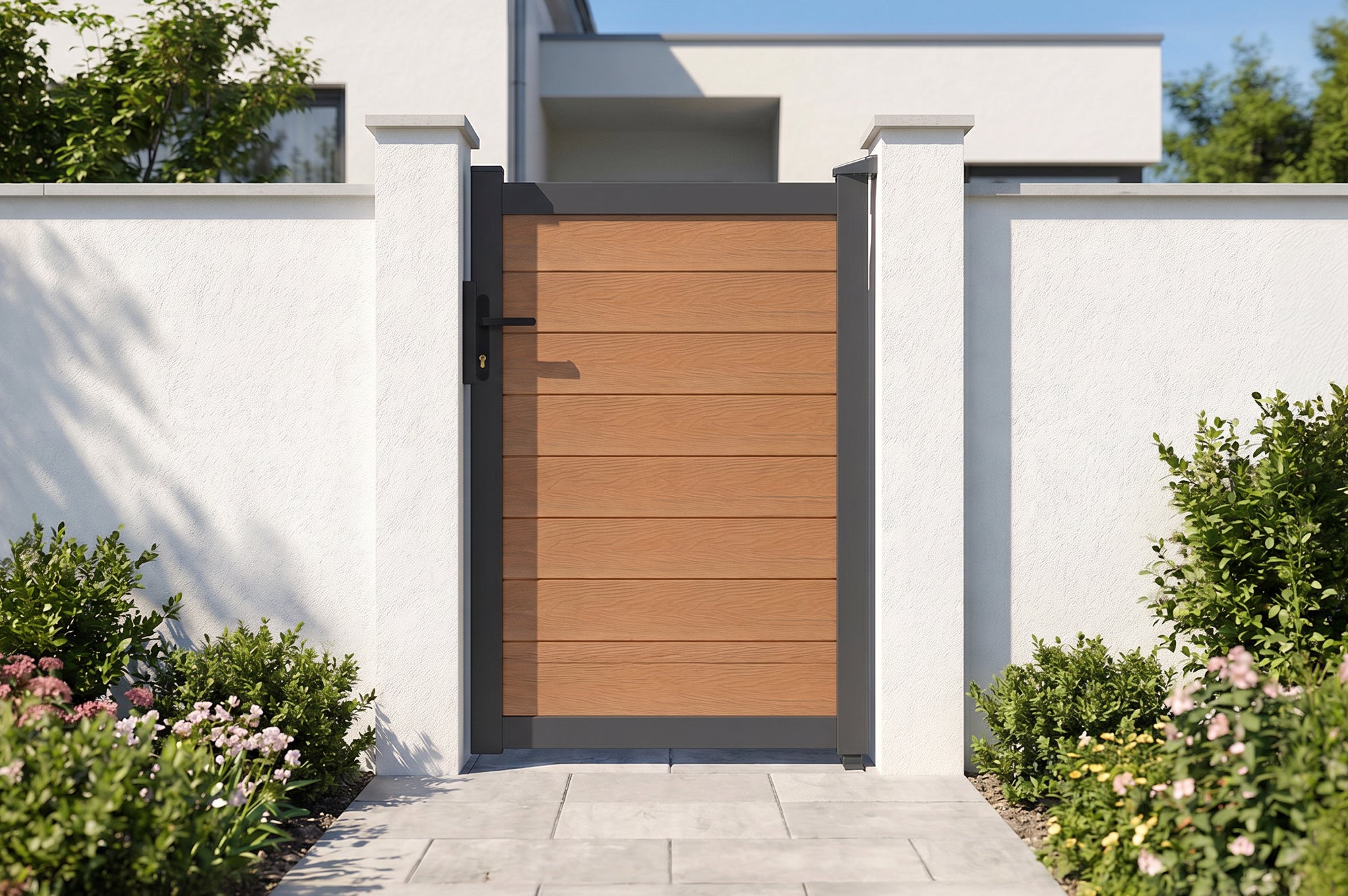 Puerta Batiente ATHOS 3,5m H160 Madera Composite Teca + Puerta Peatonal ...
