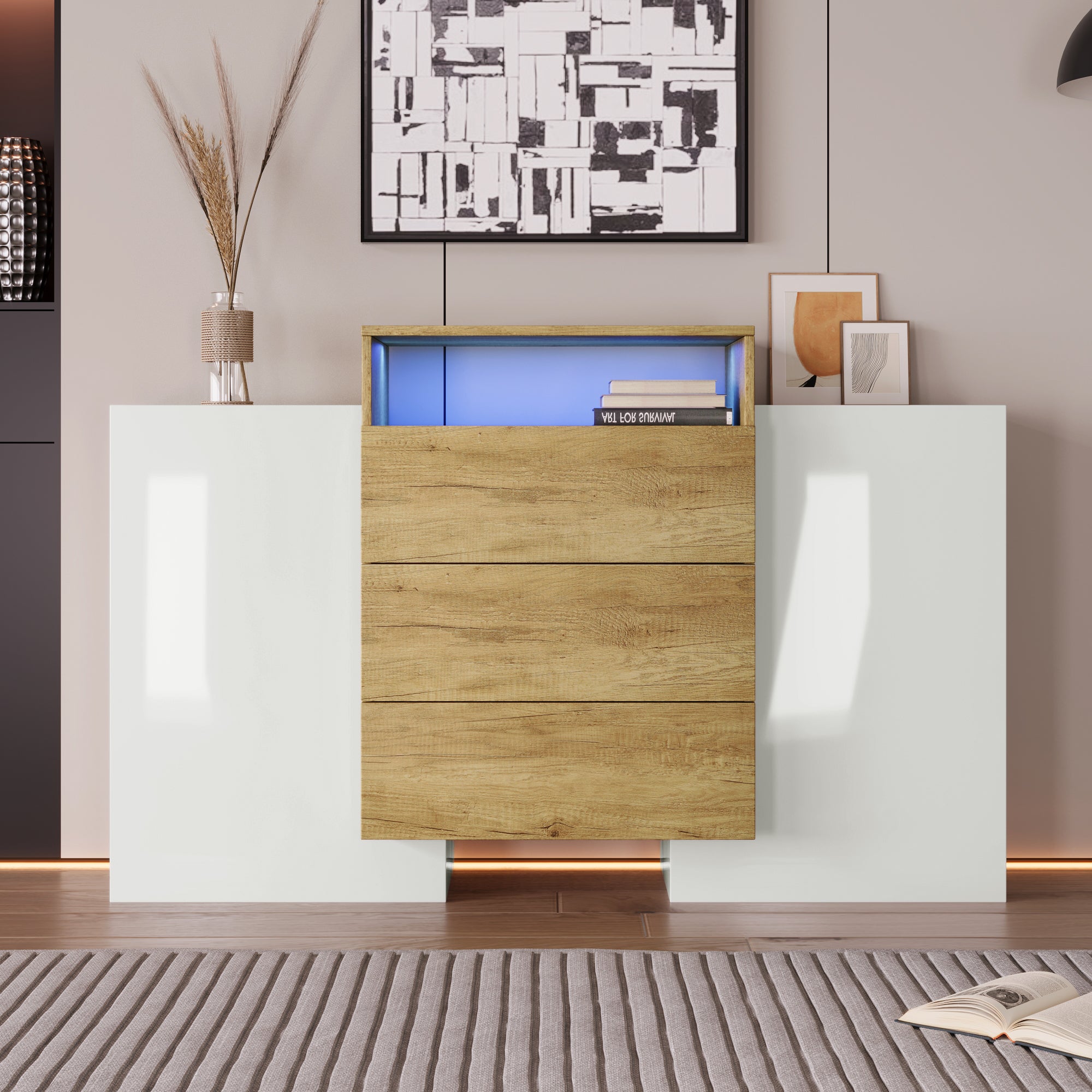 Buffet moderno 140x37,5x77,5 cm, estilo simple, LED, MDF blanco y ...