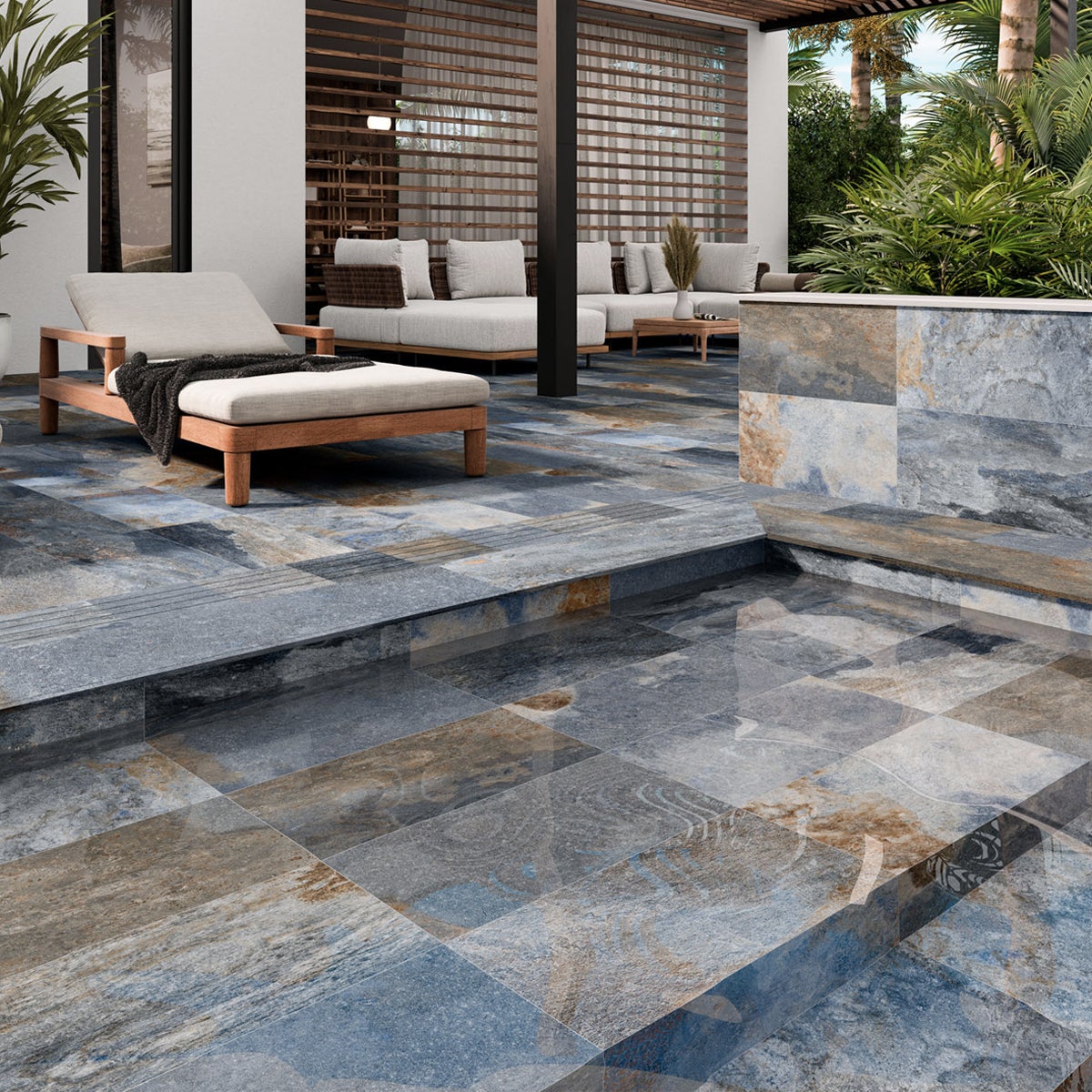 Carrelage sol extérieur / piscine effet Pierre de Bali Ubud bleu R11 30 ...