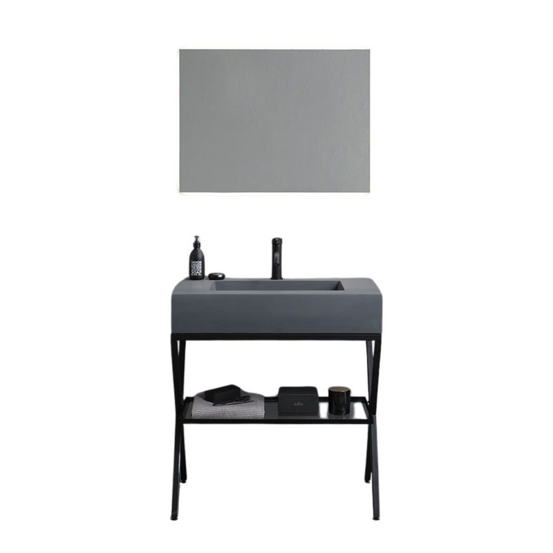 Mueble de baño de pie "Figi" de 80 cm en resina gris con lavabo gris y espejo rectangular ...