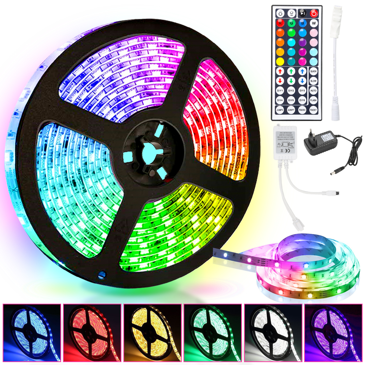 Ruban LED 2M Bande LED 5050 SMD RGB, 60 LEDs avec télécommande à 44 ...