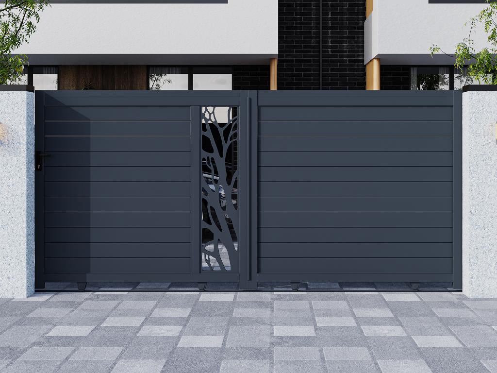 Puerta corredera eléctrica de aluminio semitransparente con motivos ...