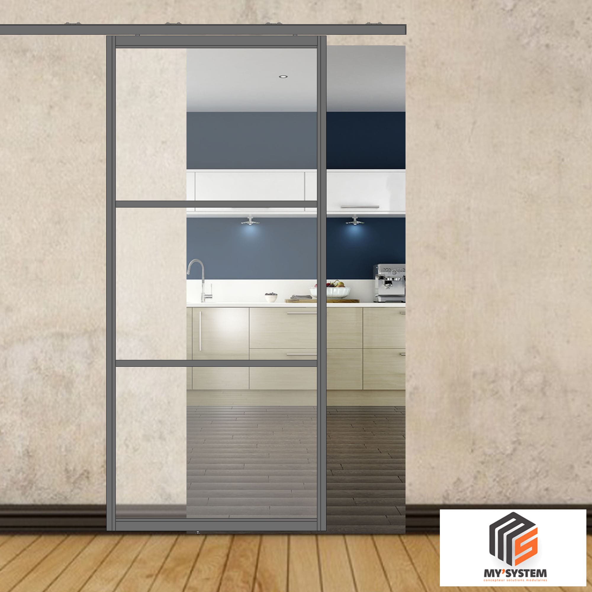PORTE SIMPLE COULISSANTE GAUCHE H2088 - L967 mm - 3 VERRES HORIZONTAUX ...