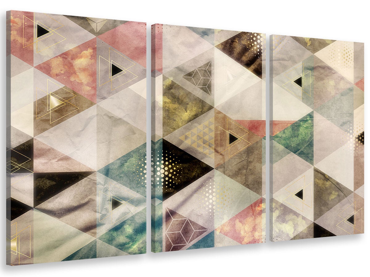 Tableau triptyque graphique triangles et losanges d'or - 90x60 cm ...