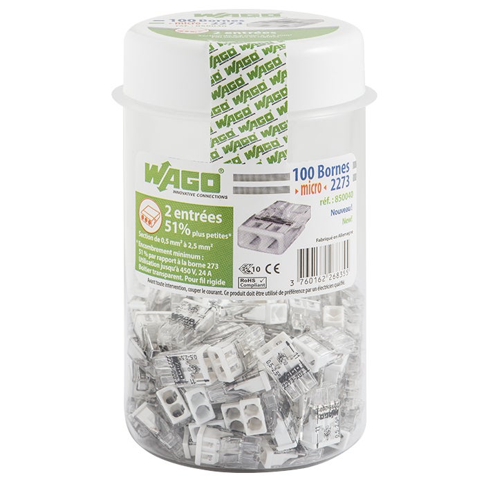 Pot de 100 mini bornes WAGO S2273, 2 fils, 24 A, 450 V, boîtier ...