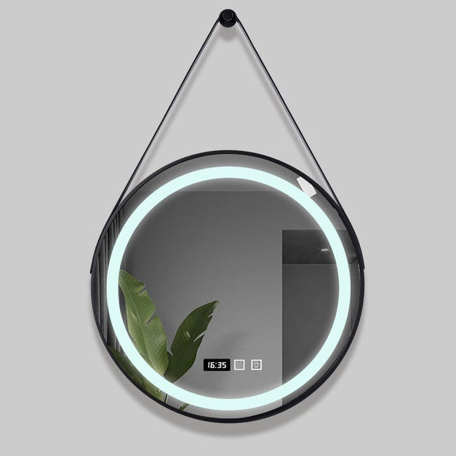 Espejo LED redondo de 50 cm, color negro, antivaho, brillo ajustable y ...