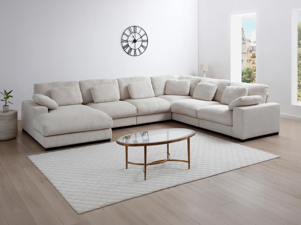 Gran sofá rinconera izquierda panorámico en terciopelo beige RIADOPI | Leroy Merlin