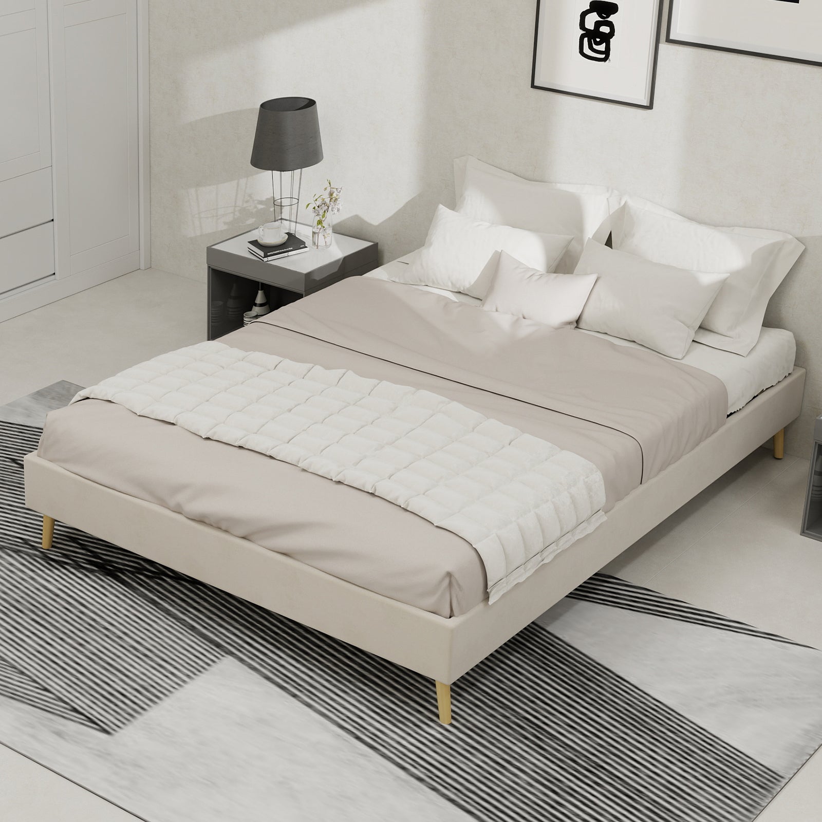 Cadre de lit minimaliste moderne 140×200 cm (beige) : velours ...