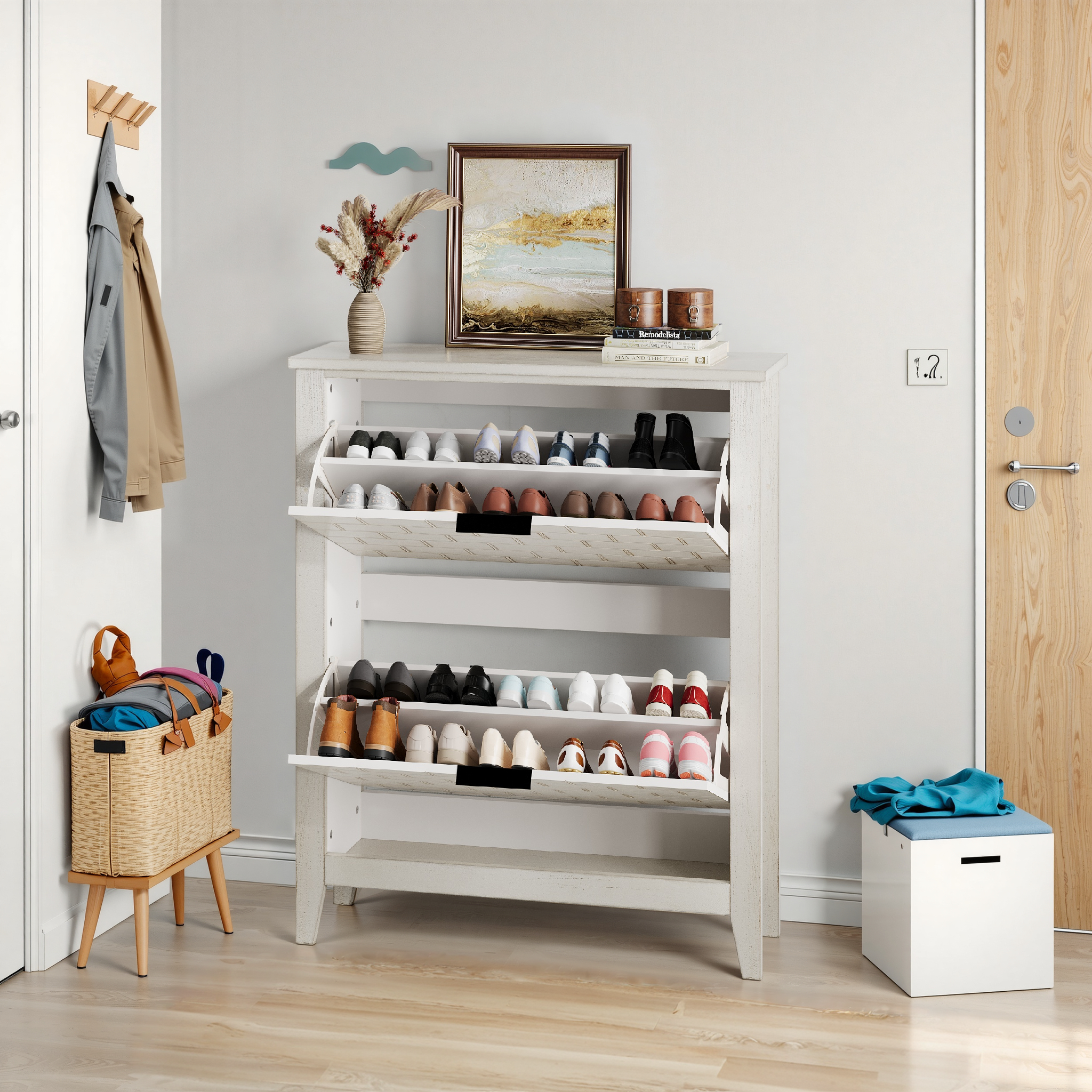 Meuble à chaussures 80 cm, style campagne vintage, 2 abattants ...