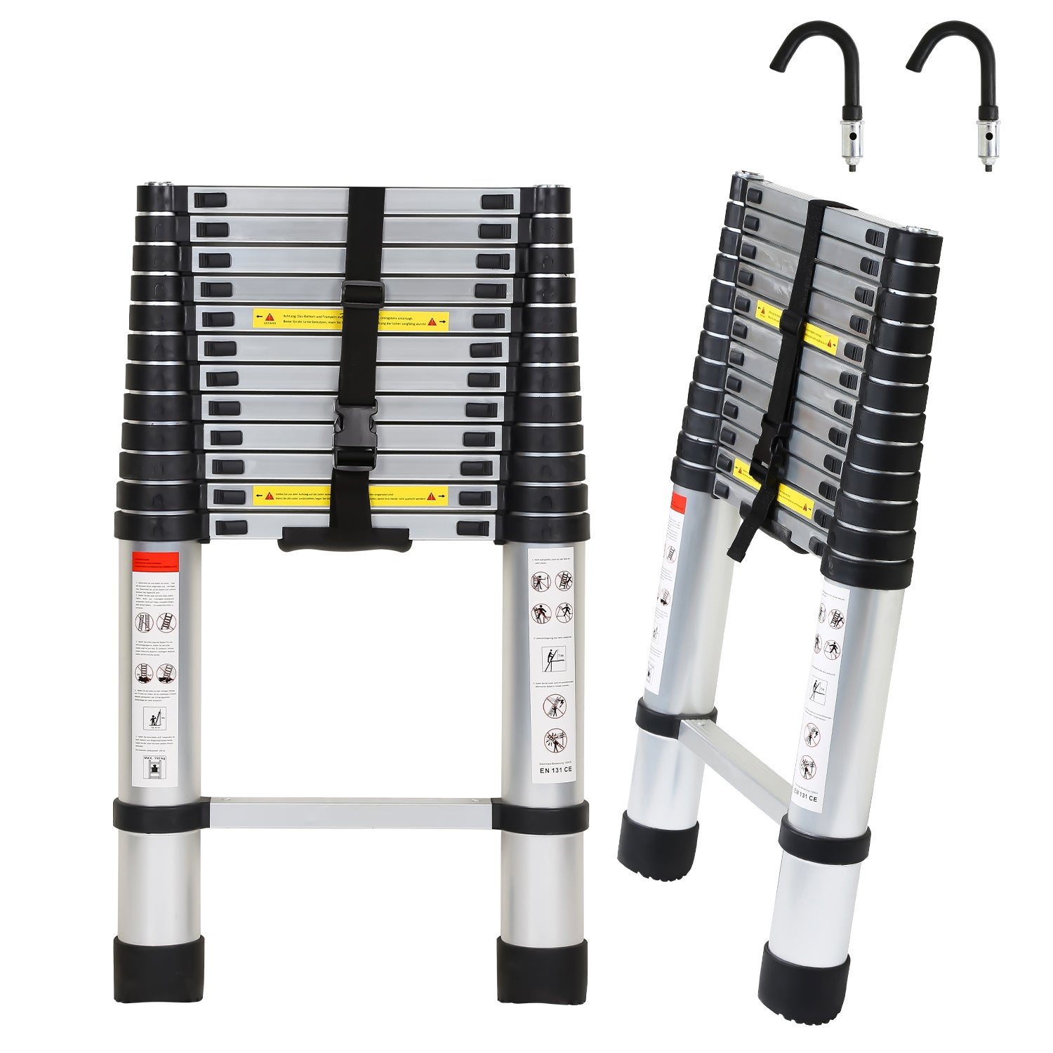 Escalera telescópica 3,8 m plateada + escalera extensible con gancho ...