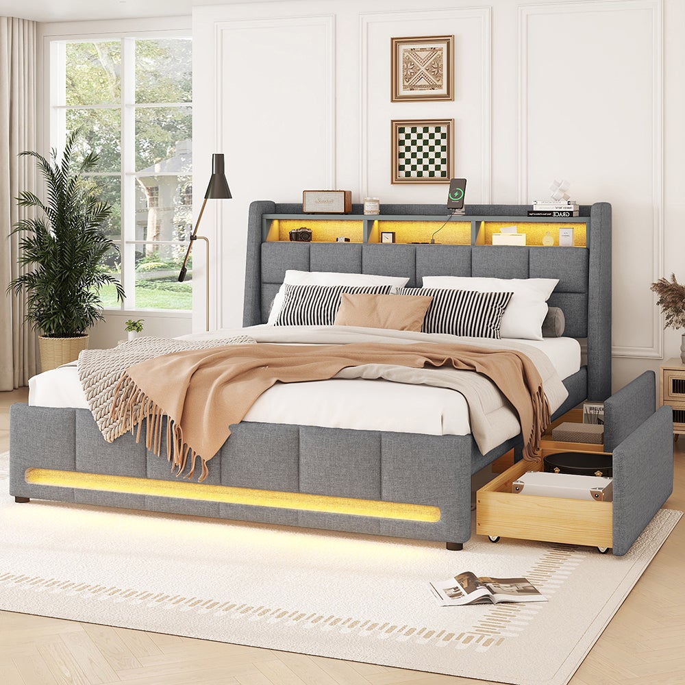 Lit avec tiroirs Lit adulte Lit 140x200 cm double Lampe d'ambiance avec ...