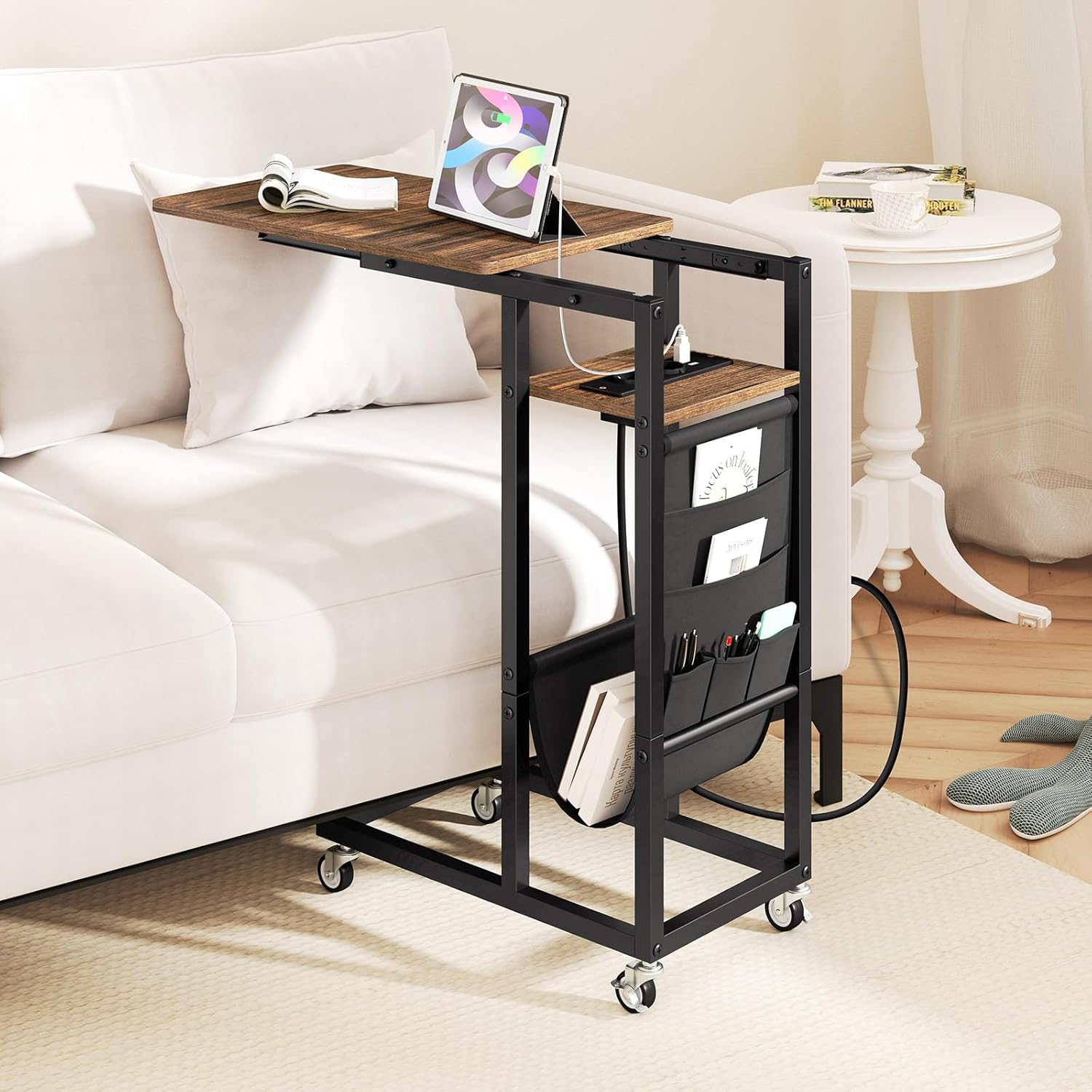 Table d'Appoint à roulettes avec Prise, Plateau Extensible, en Forme C ...