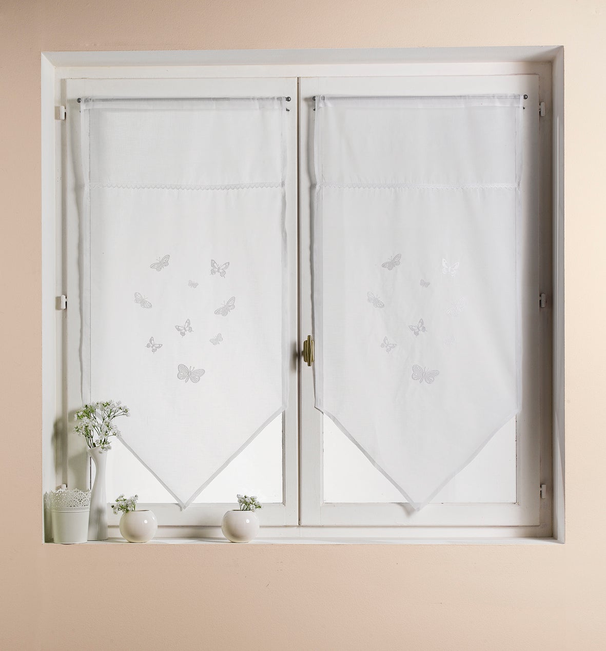 Paire de vitrage en voile de coton avec broderies - Blanc - 60 x 120 cm ...