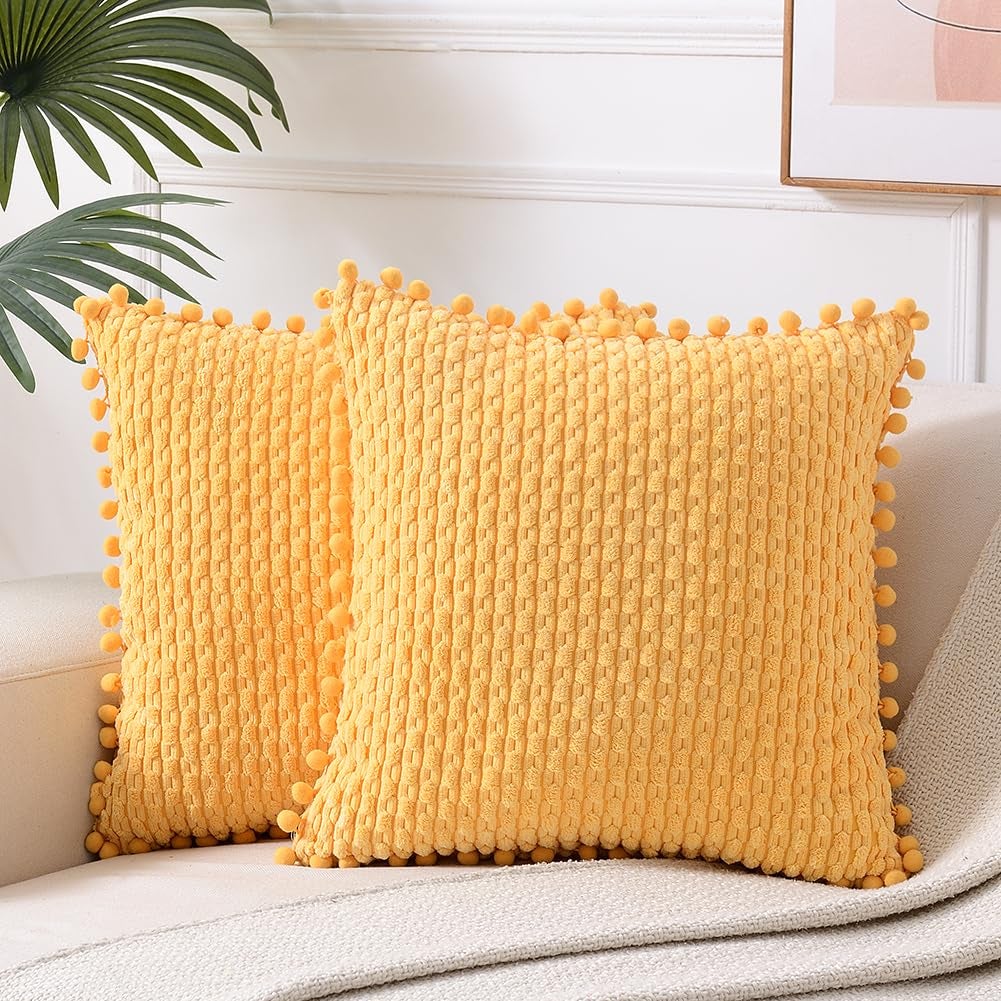 Funda de Cojín de Pana Amarilla con Pompones Estilo Boho, 40x40cm ...