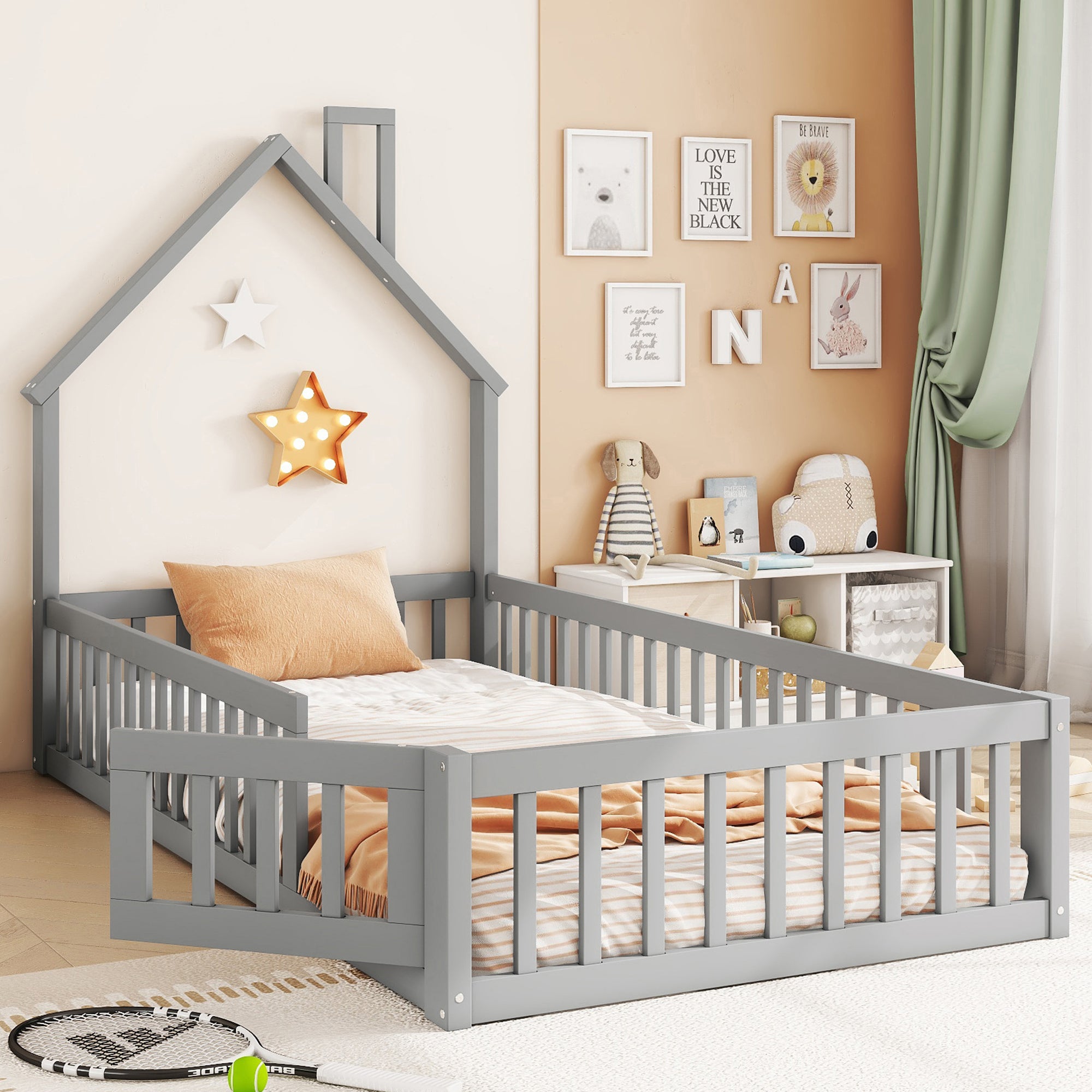 Lit enfant 90 x 200 cm en bois de pin avec barrières de protection et ...