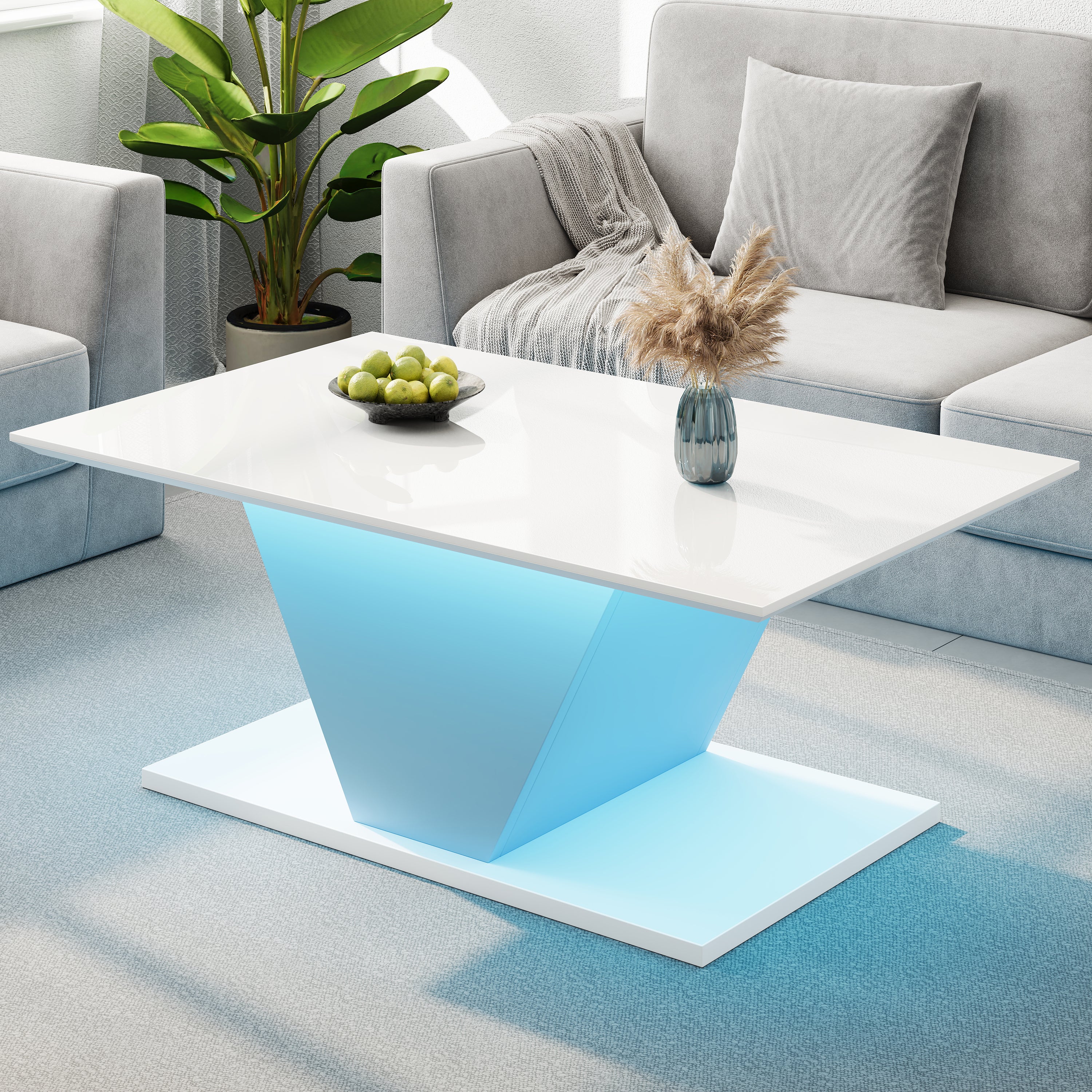 Mesa de centro LED 100x50x46 cm, mesa de salón blanca brillante, diseño ...