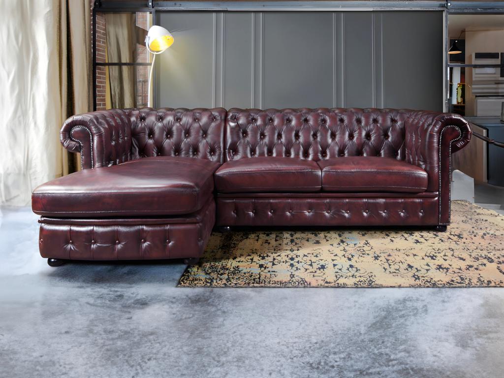 Canapé d'angle chesterfield BRENTON 100% cuir de buffle - Bordeaux- Angle gauche | Leroy Merlin
